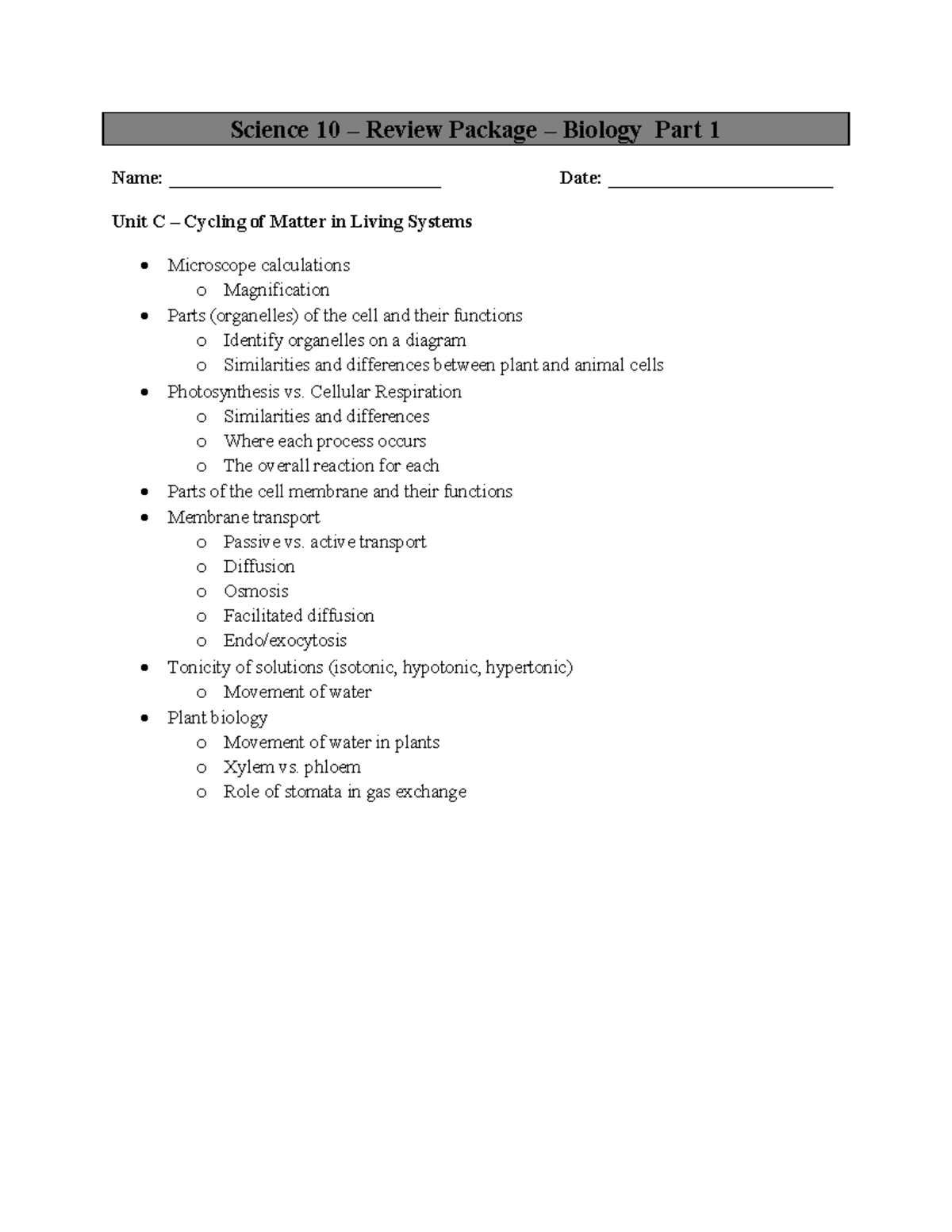 Bio Unit Review Test- AK - Science 10 – Review Package – Biology Part 1 ...
