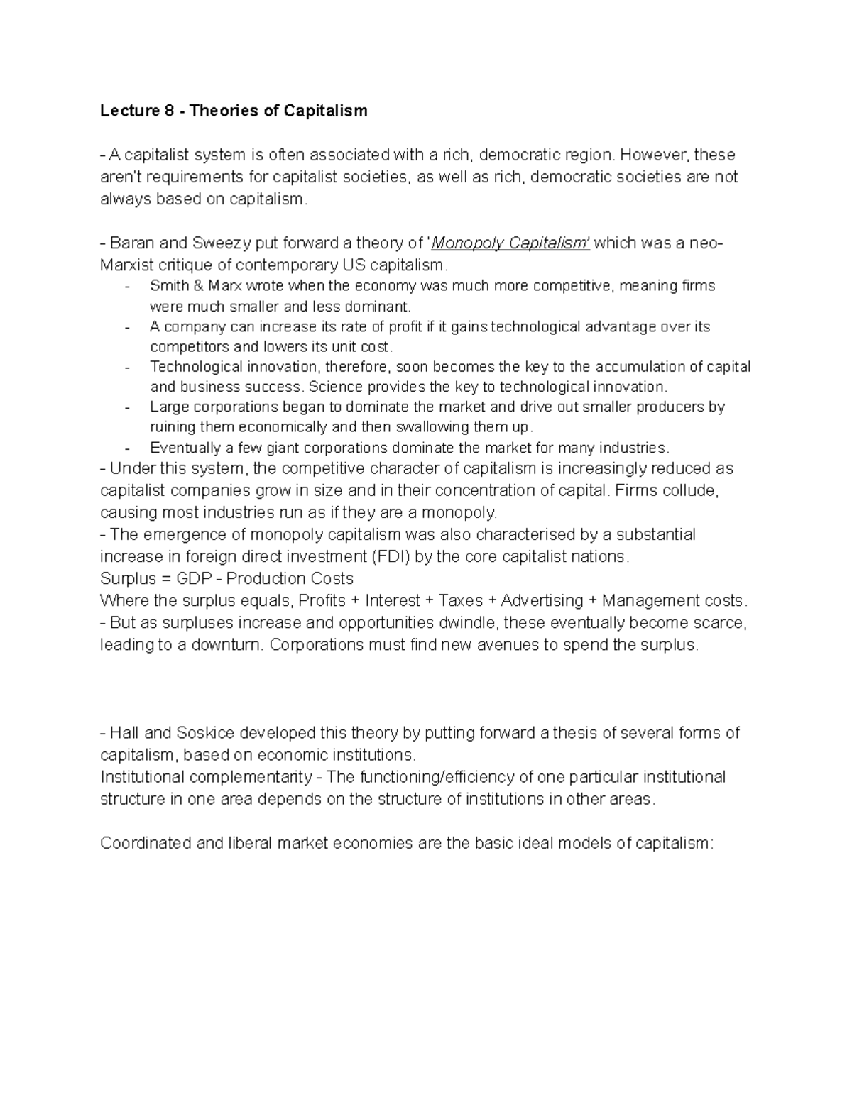 Lecture 8 - Theories of Capitalism - Lecture 8 - Theories of Capitalism ...