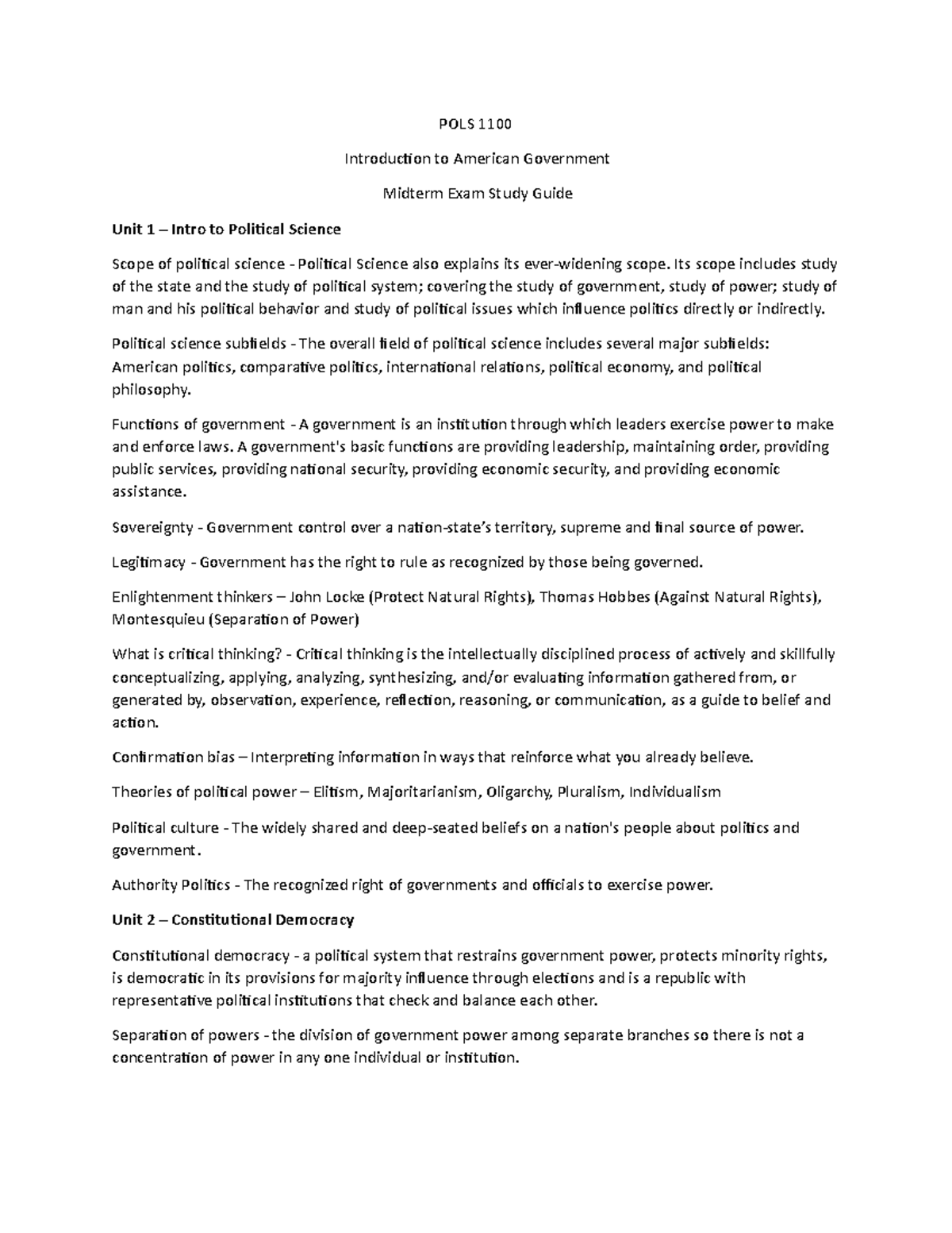 Midterm Study Guide - POLS 1100 Introduction to American Government ...