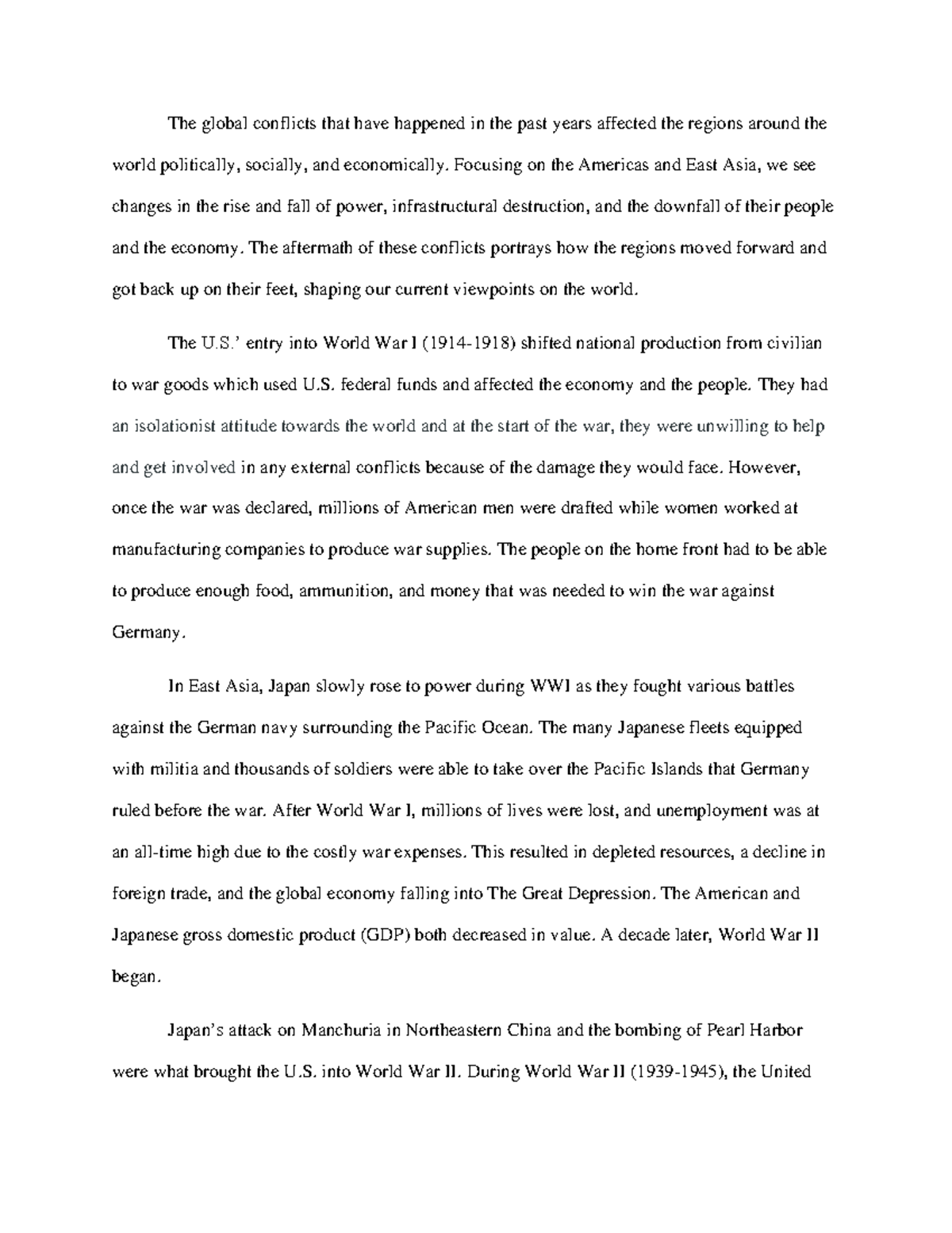 History 105 - Response Paper 1-2 - The global conflicts that have ...