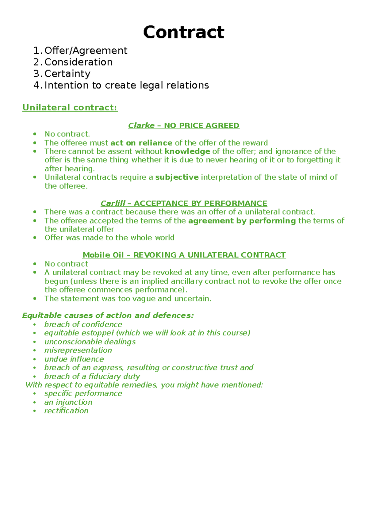 Principles of Private Law Exam Notes - Contract 1. Offer/Agreement 2 ...