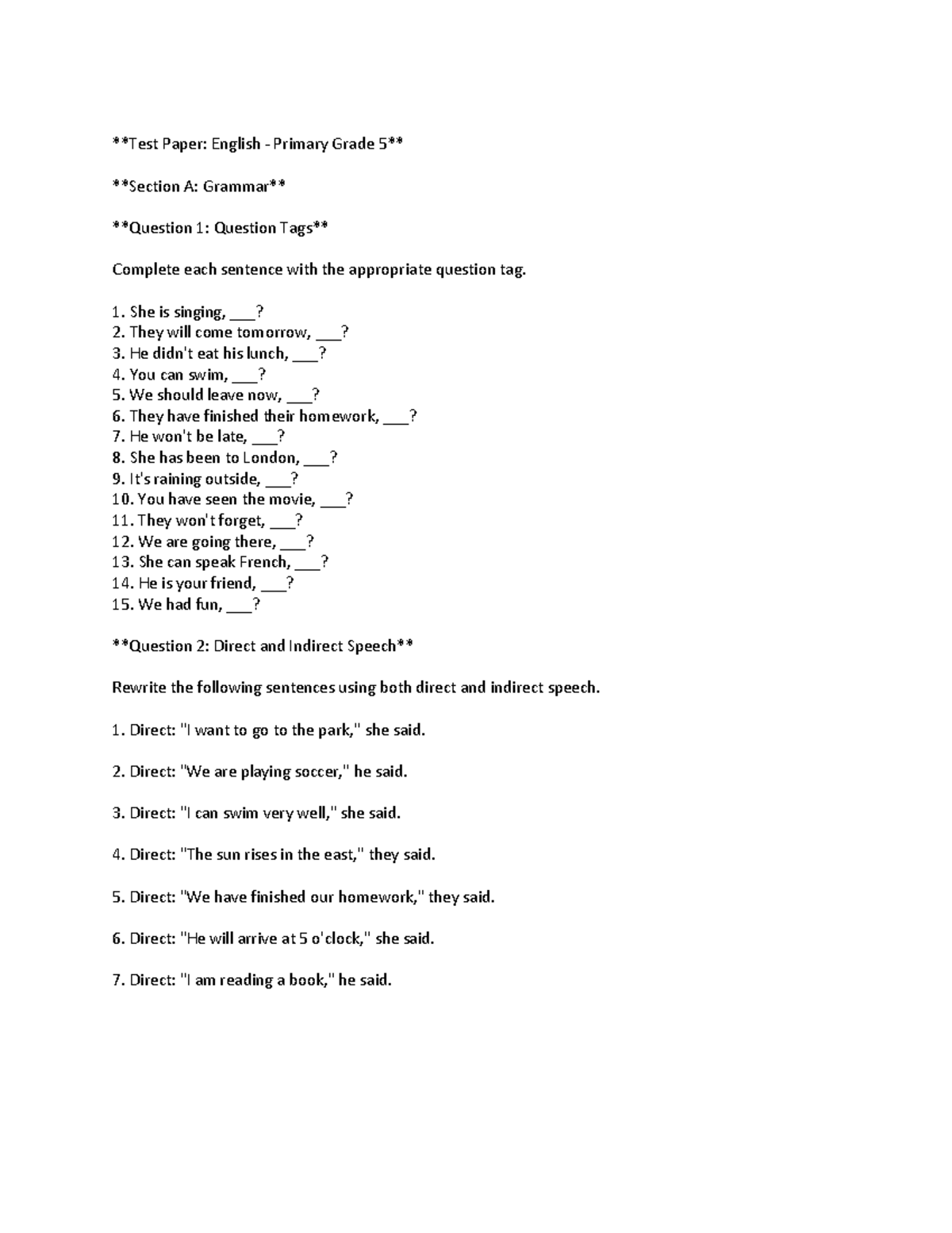 Test Paper-Set1 - set paper - Test Paper: English - Primary Grade 5 ...