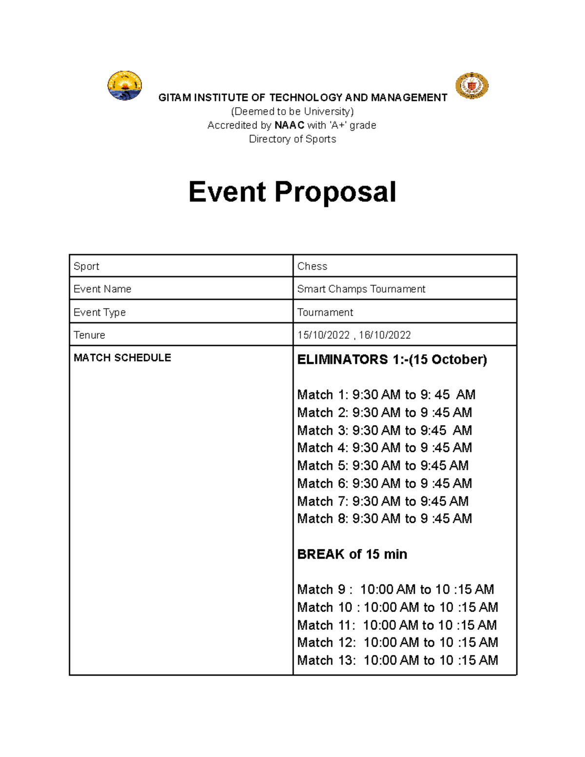 Chess Event proposal - Gnajisisi - GITAM INSTITUTE OF TECHNOLOGY AND ...