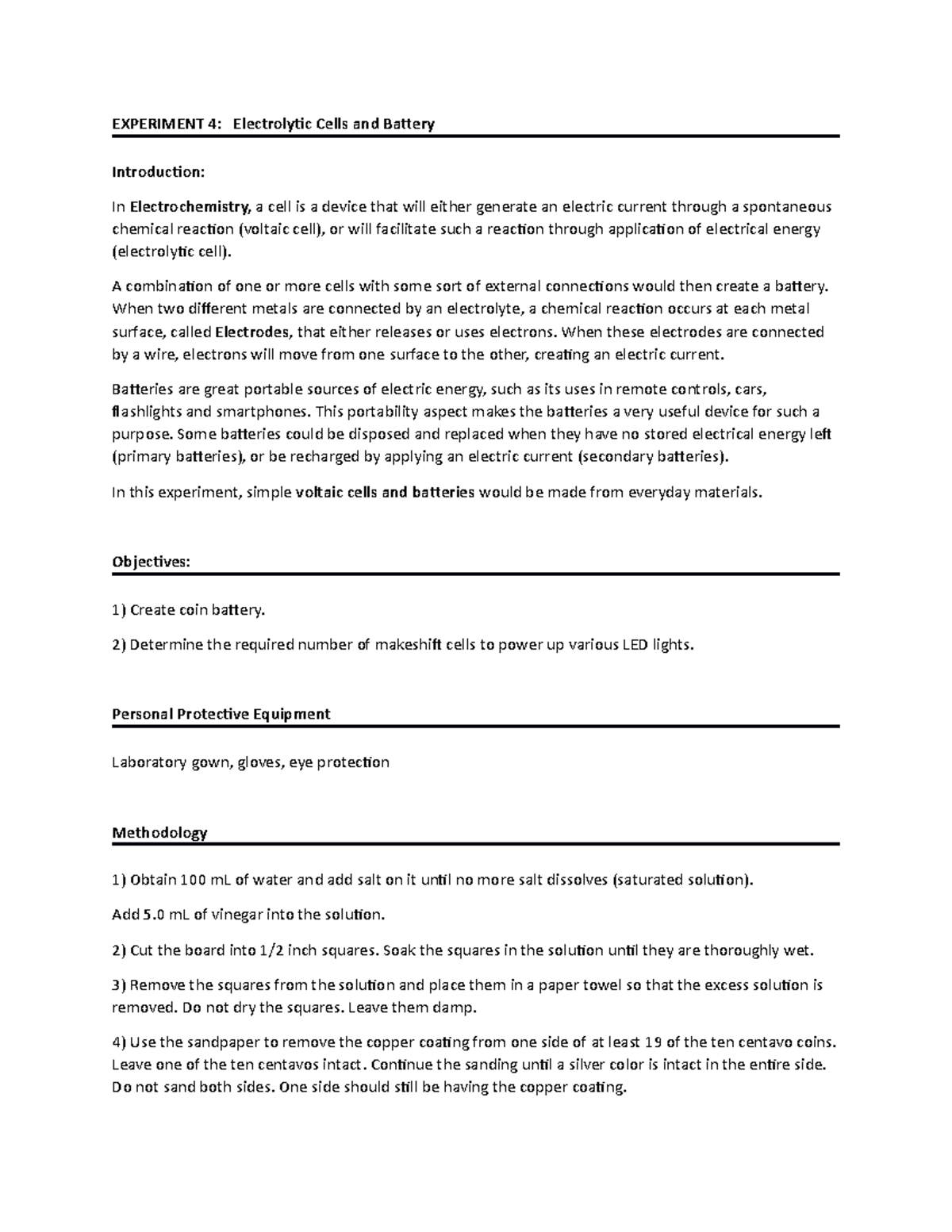 Experiment 4 - Electrolytic Cells and Battery - EXPERIMENT 4 ...