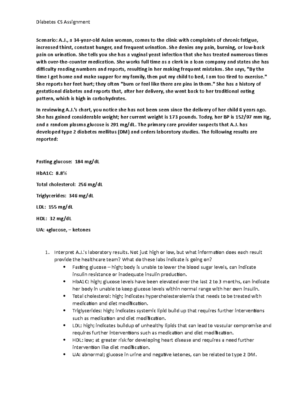 Diabetes CS Assignment - Scenario: A., a 34-year-old Asian woman, comes ...