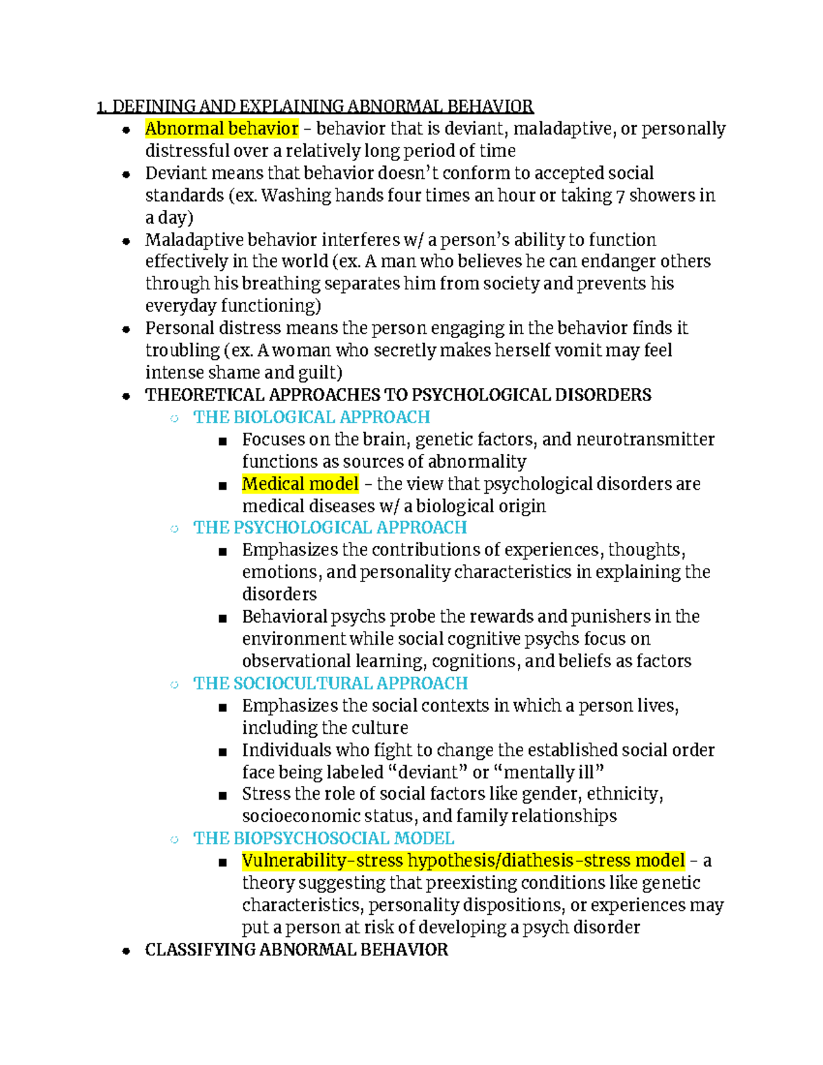 Psych Disorders - 1. DEFINING AND EXPLAINING ABNORMAL BEHAVIOR Abnormal ...