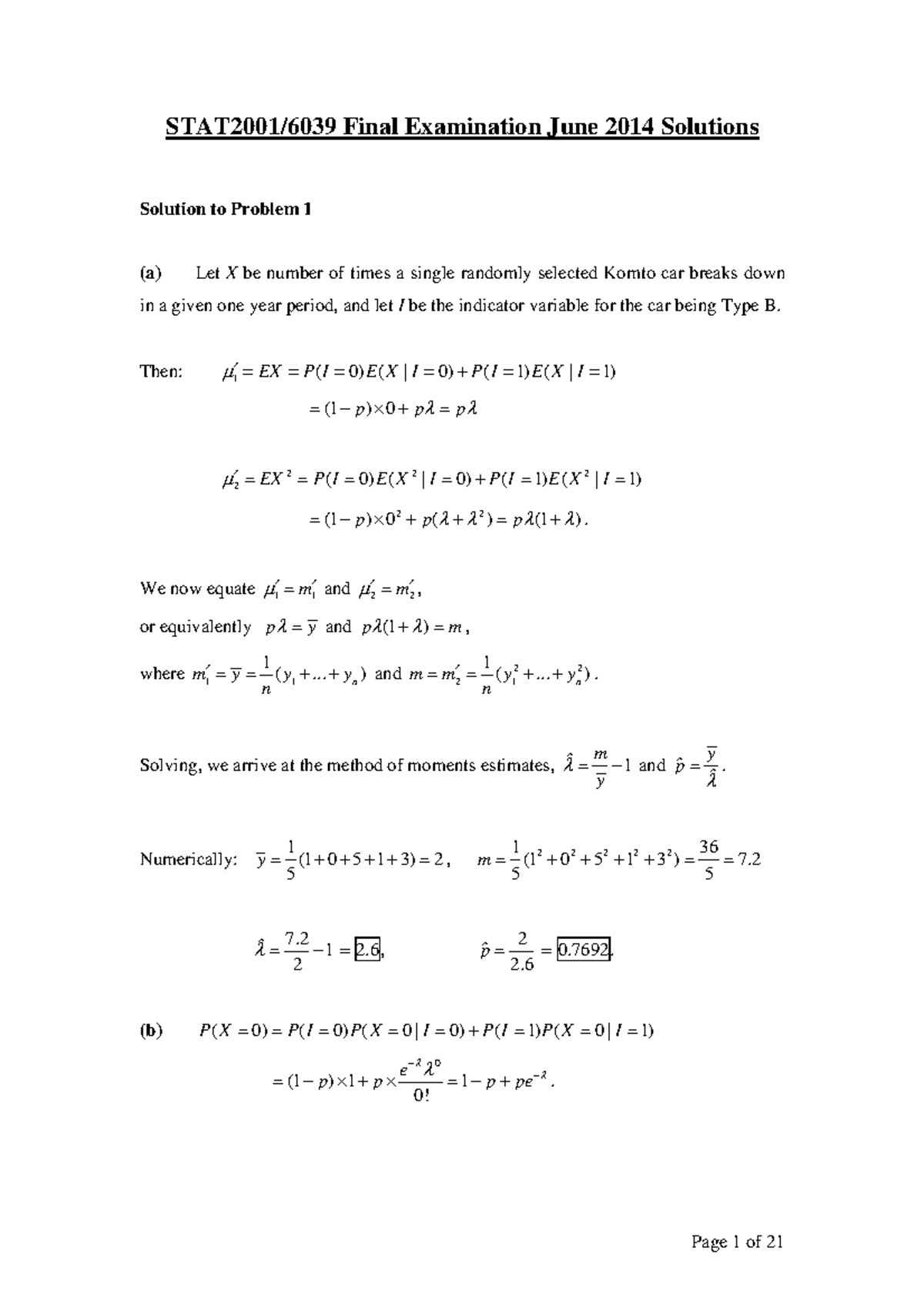 Sample/practice Exam 2014, Answers - STAT2001/6039 Final Examination ...