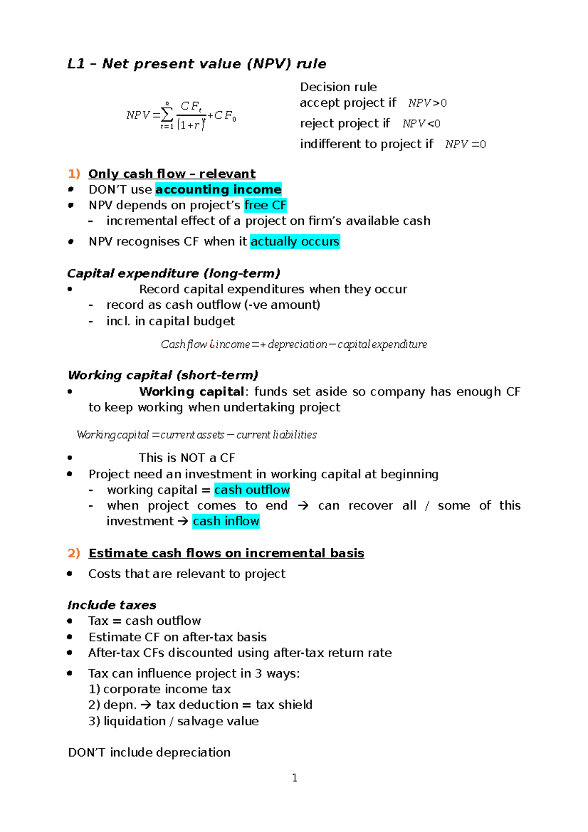 Week 1 - Net Present Value rule - L1 – Net present value (NPV) rule NPV ...