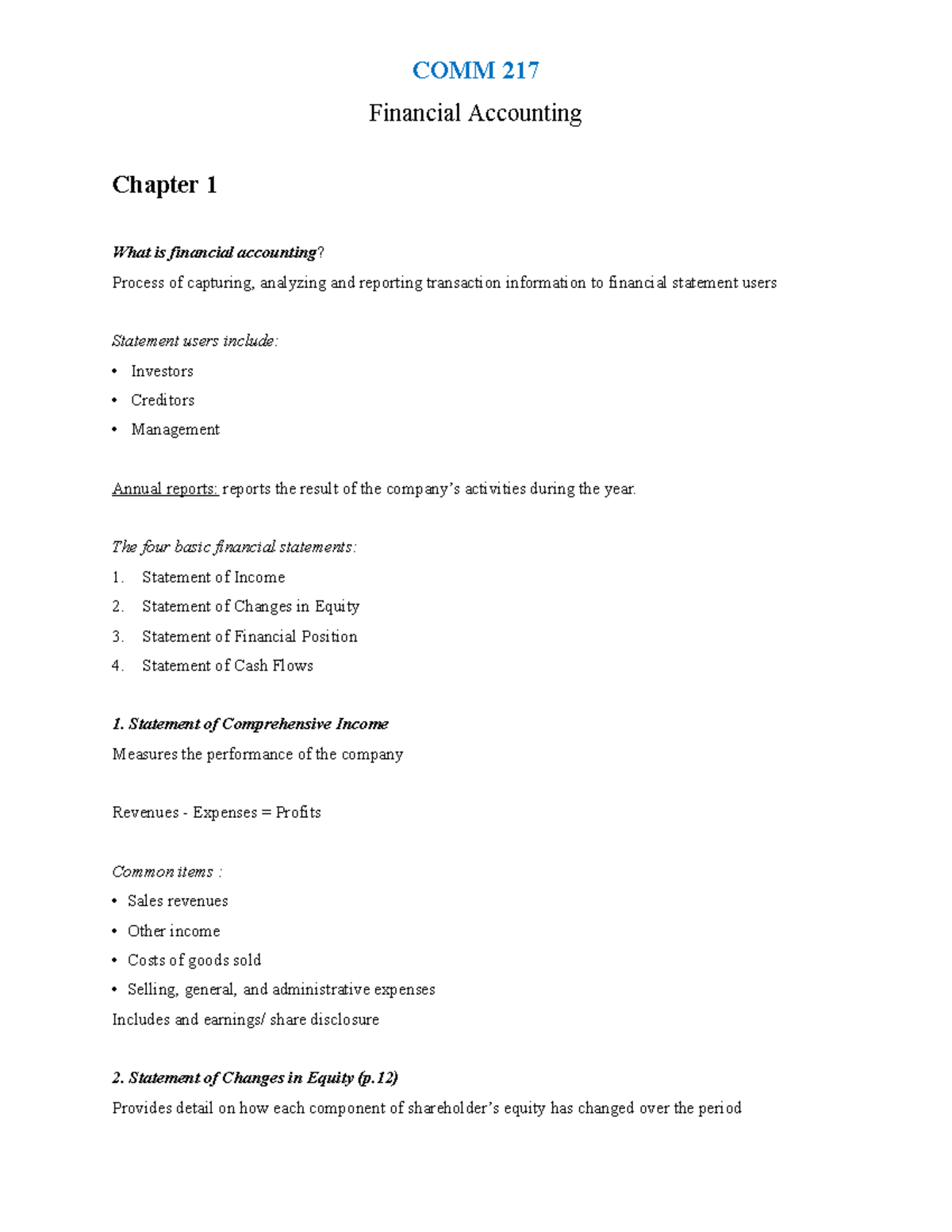 Comm 217 - Class Notes - COMM 217 Financial Accounting Chapter 1 What ...