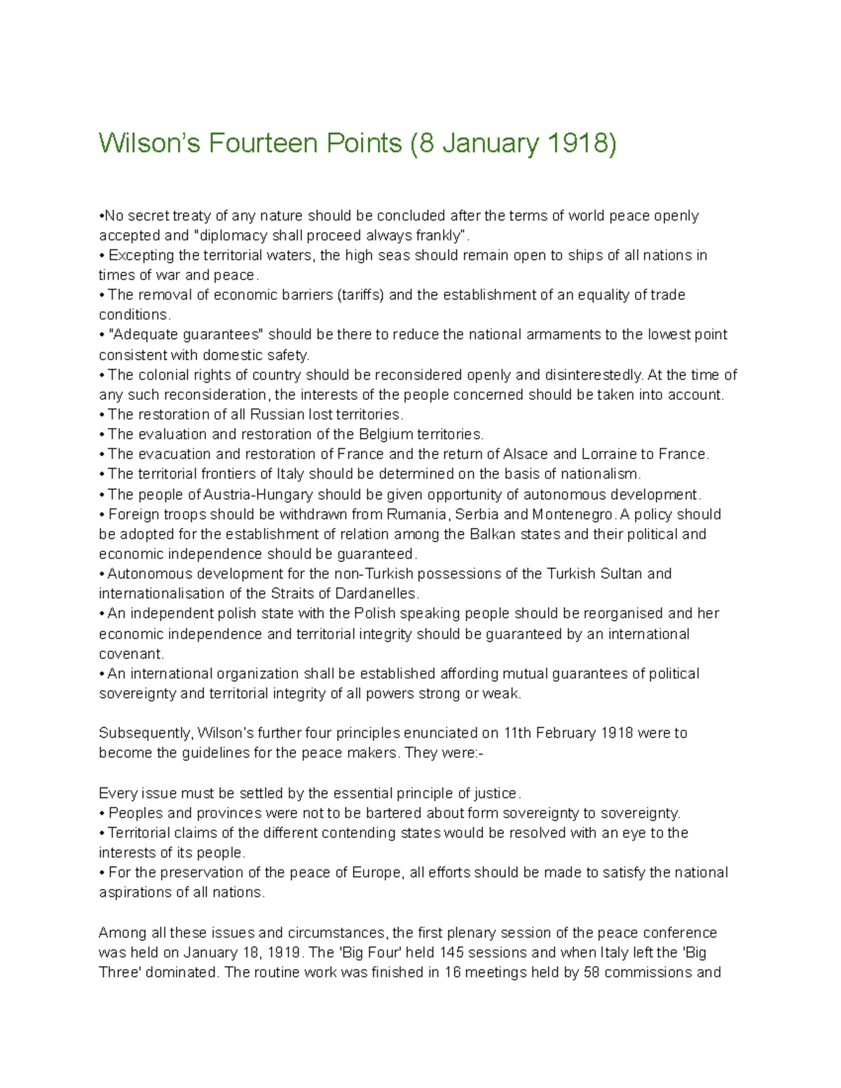 Wilson’s Fourteen Points (8 January 1918) - Excepting the territorial ...