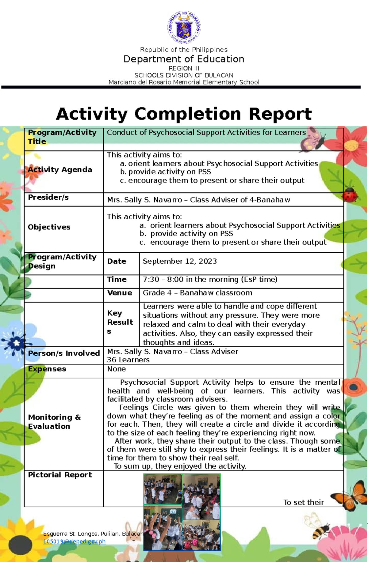 ACTIVITY COMPLETION REPORT - Republic of the Philippines Department of ...