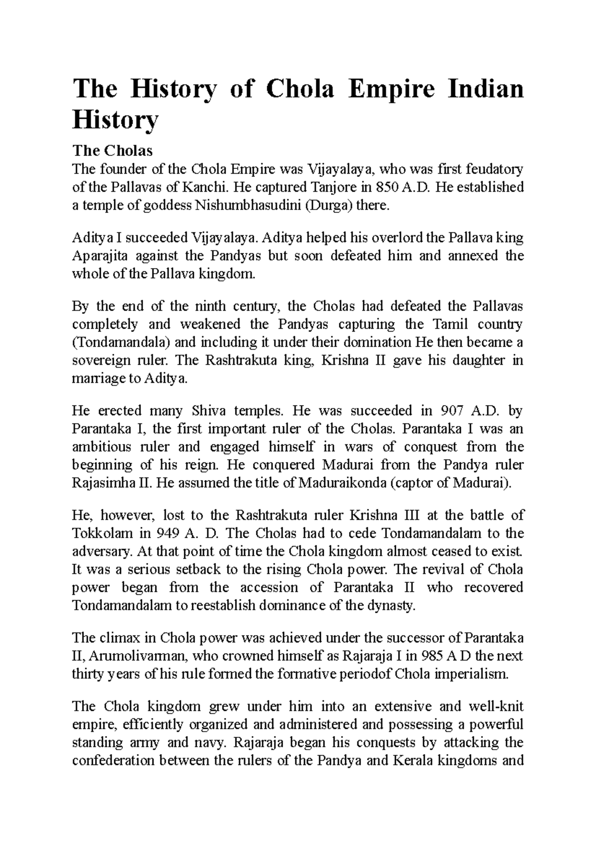 The History of Chola Empire english - The History of Chola Empire ...
