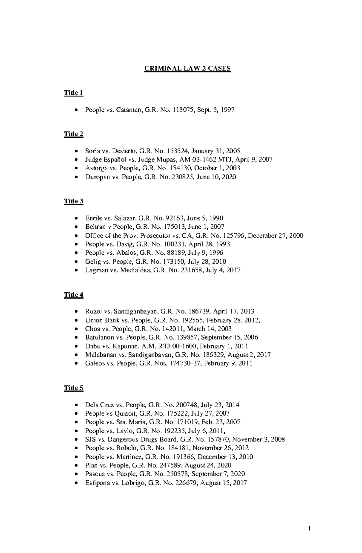 List of Cases - Criminal Law II - CRIMINAL LAW 2 CASES - Title • People ...