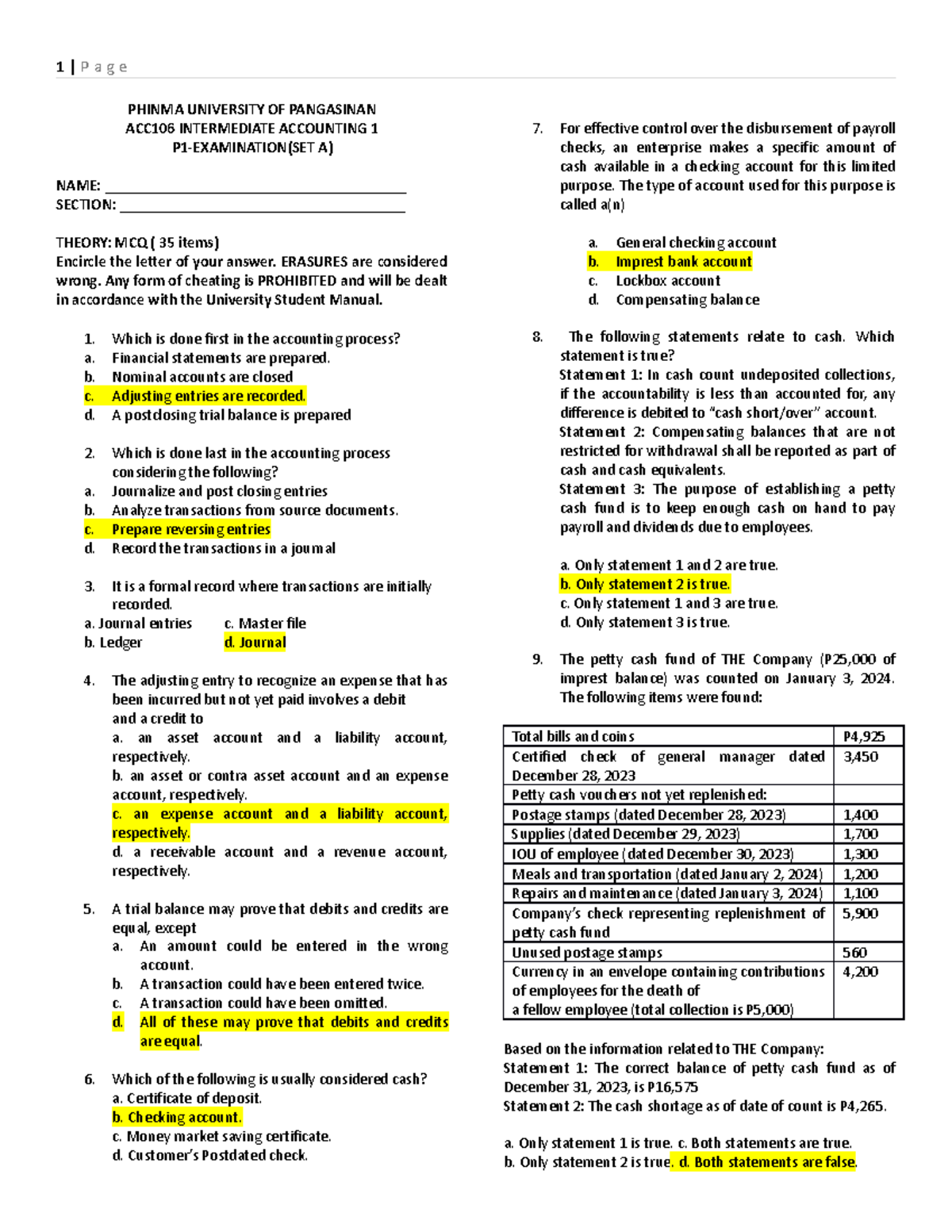 ACC106 P1 EXAM SET A Kv1 - EXAM ANSWER KEY - PHINMA UNIVERSITY OF ...