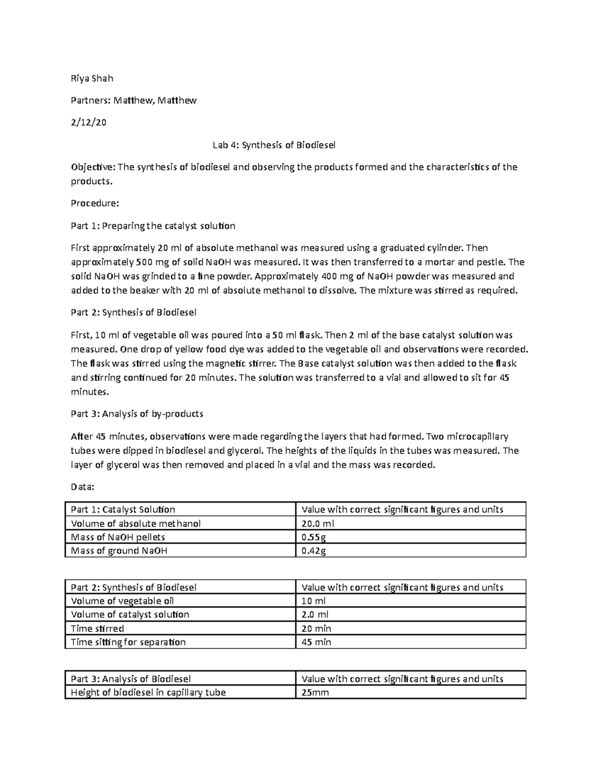 Lab 4 postlab - Lab Assignment - Riya Shah Partners: Matthew, Matthew 2/12/ Lab 4: Synthesis of ...