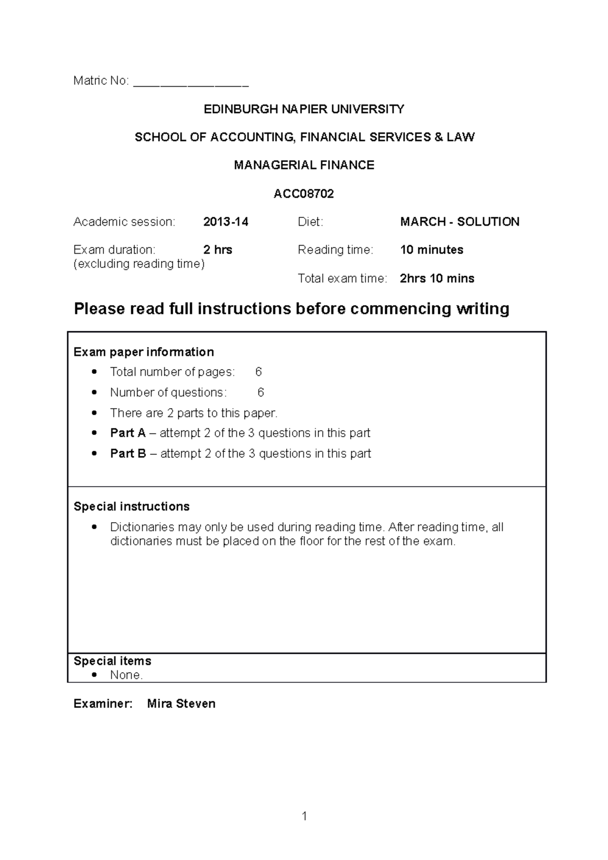 Exam 2014, questions and answers - Matric No: _________________ EDINBURGH NAPIER UNIVERSITY ...