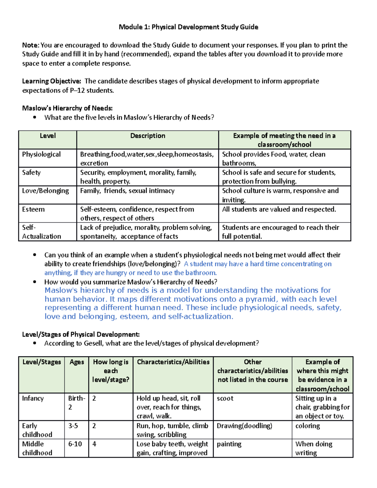 Study guide 1 - Module 1: Physical Development Study Guide Note: You ...