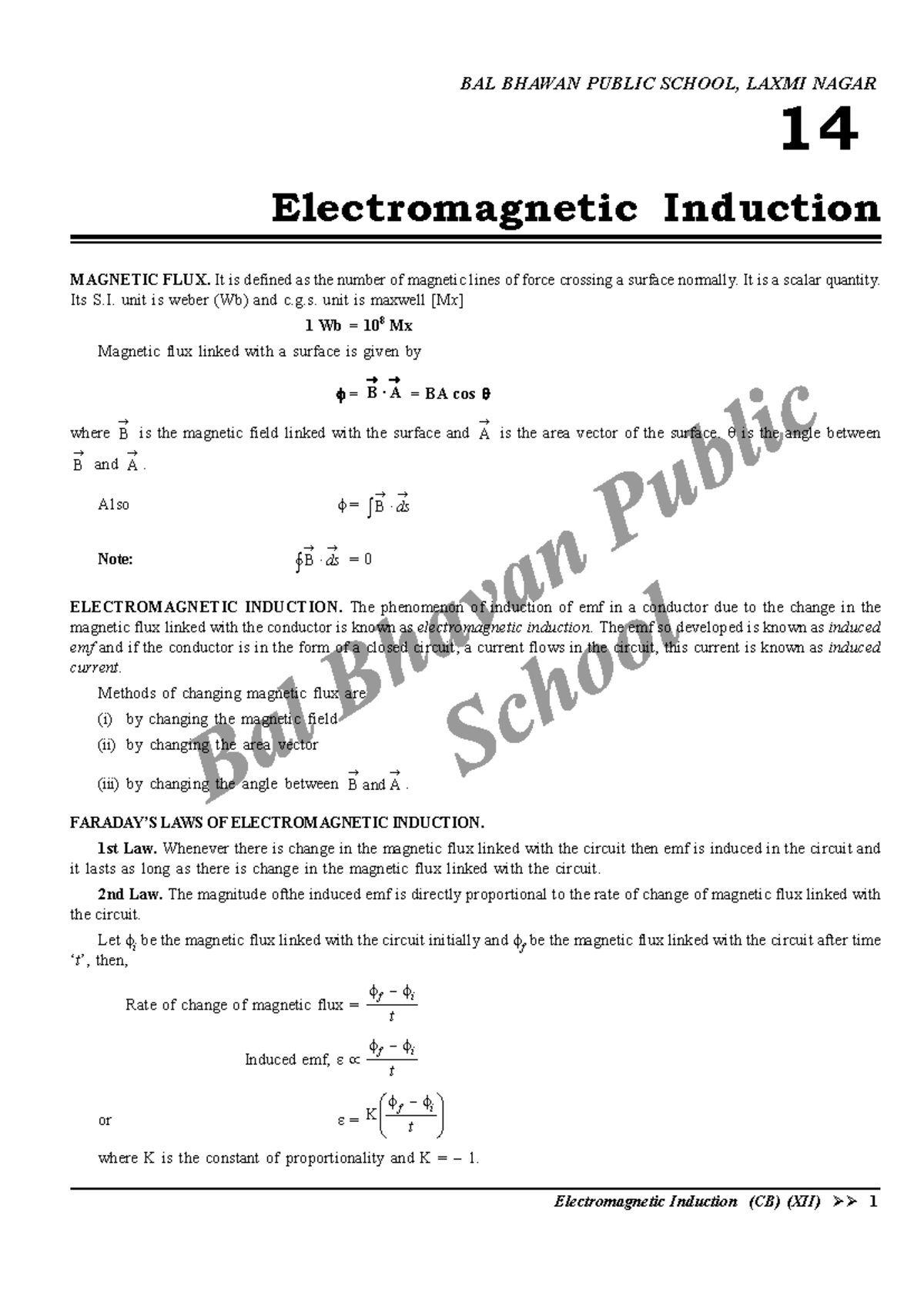 Emi notes - xcvbnsdfghj - Electromagnetic Induction (CB) (XII) 1 14 ...