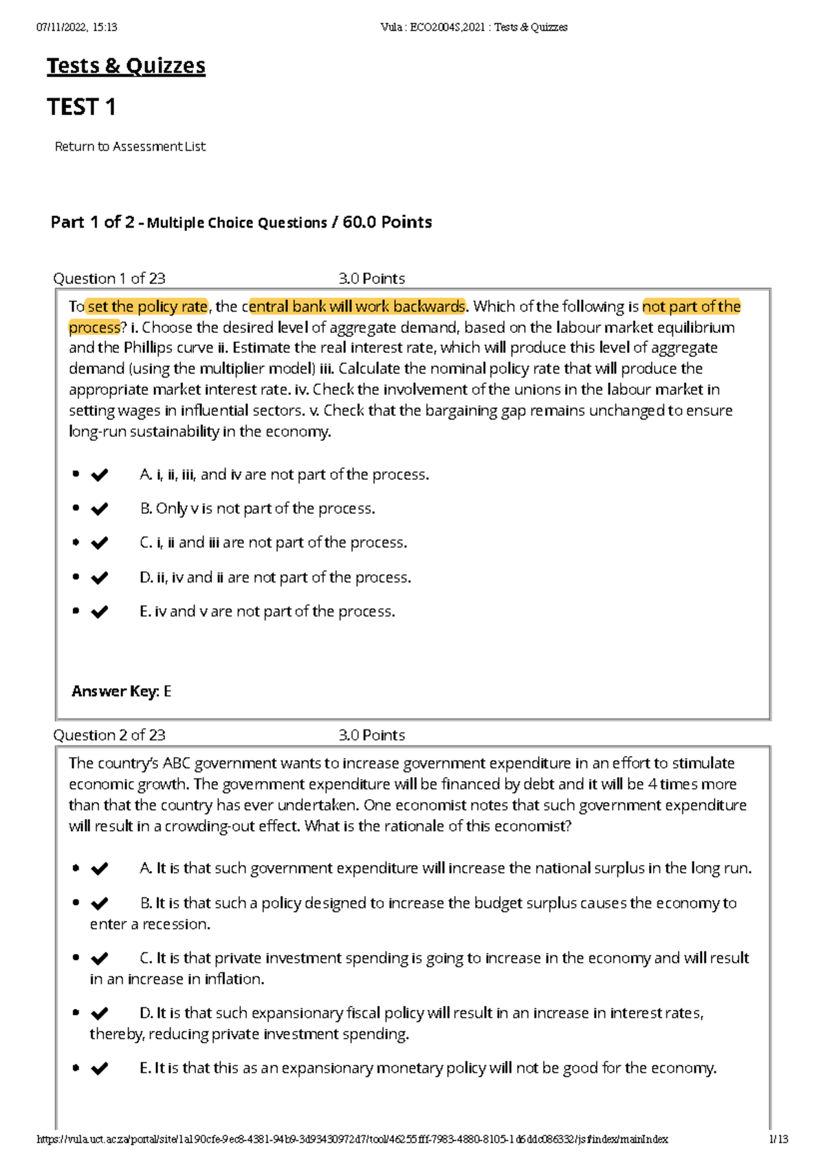 Test1 2004 - ECO2004S test 1 2021 on Vula with memo under each question ...