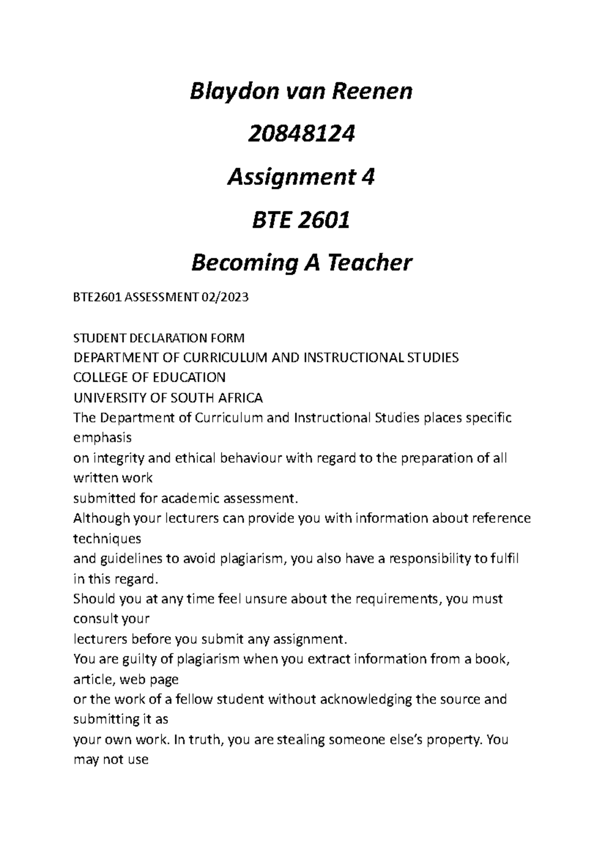 Assignment 4 - assessement4 - Blaydon van Reenen 20848124 Assignment 4 ...