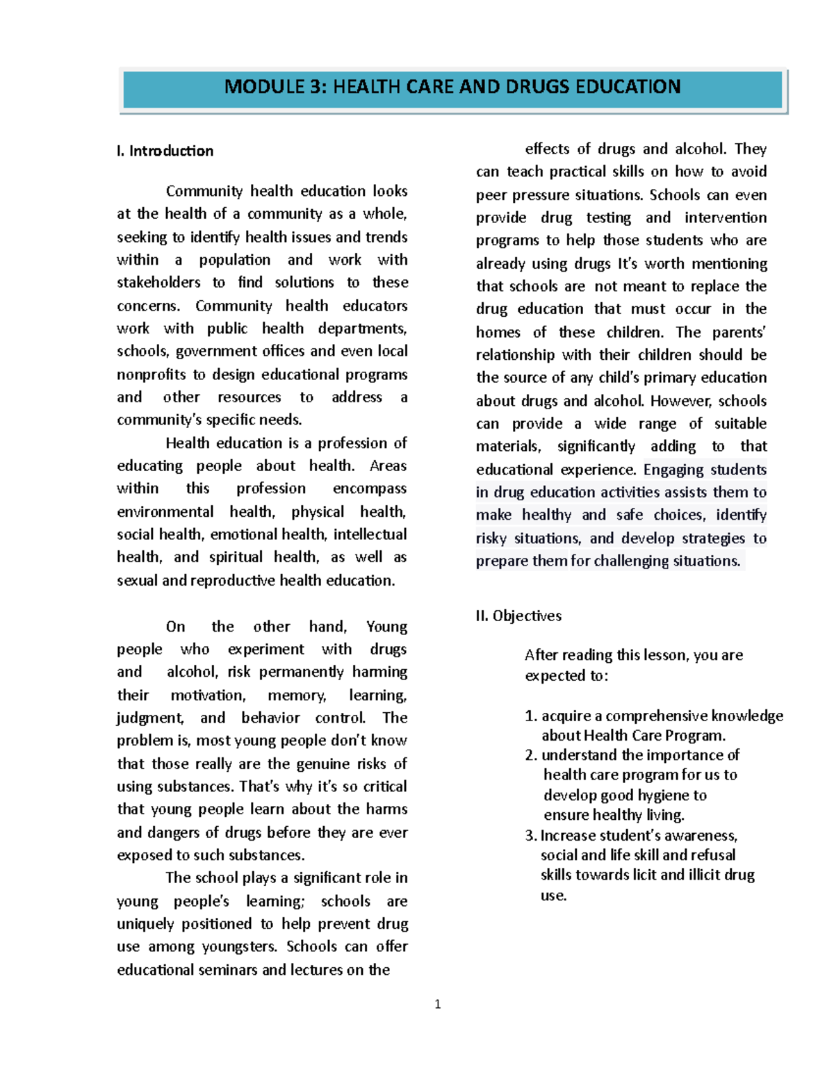 Common Module 3 Health CARE AND DRUG Education - 1 MODULE 3: HEALTH ...