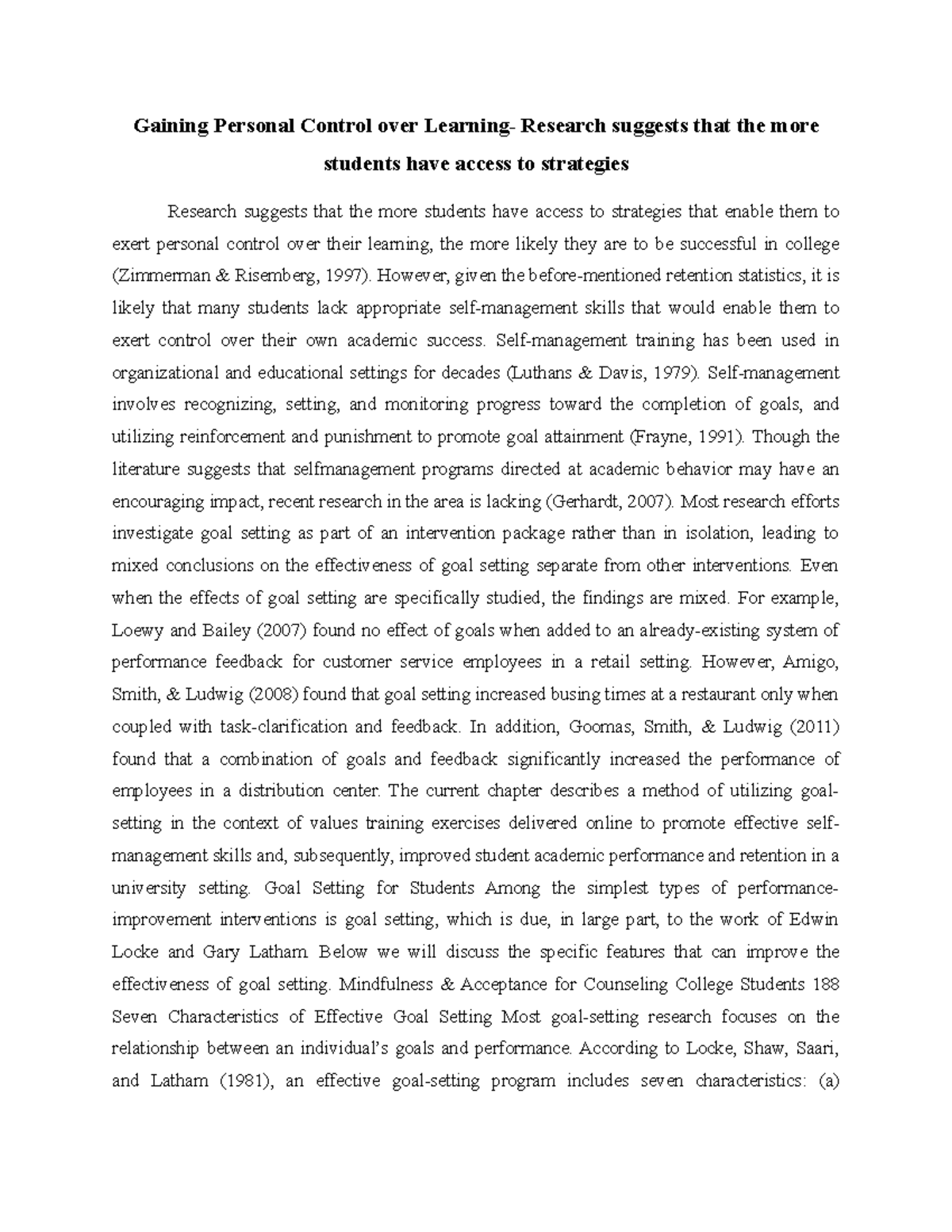 Gaining Personal Control over Learning- Research suggests that the more ...