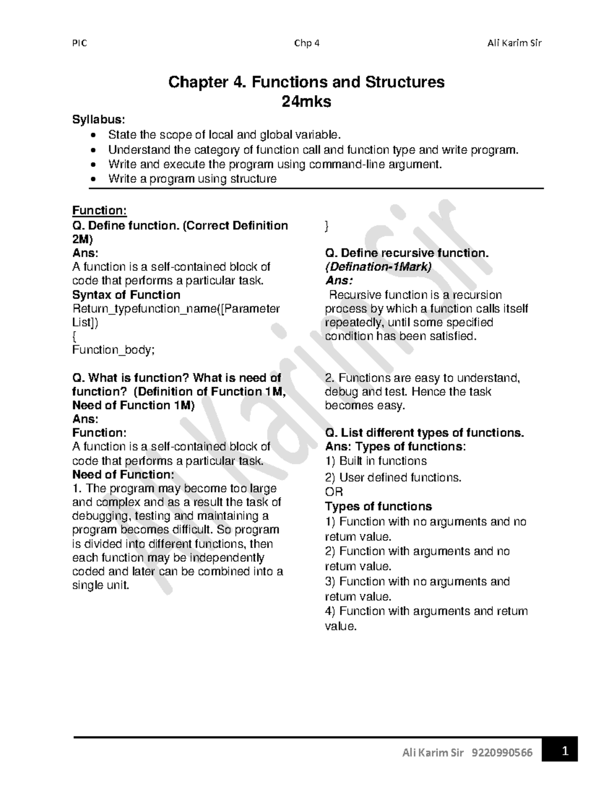 PIC Chapter 4 - Chapter 4. Functions and Structures 24mks Syllabus ...