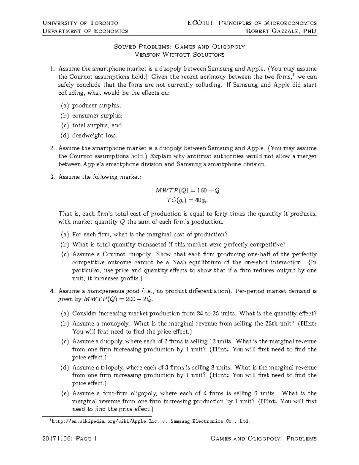 ECO101Solved Problems Games And Oligopoly - Department of Economics ...