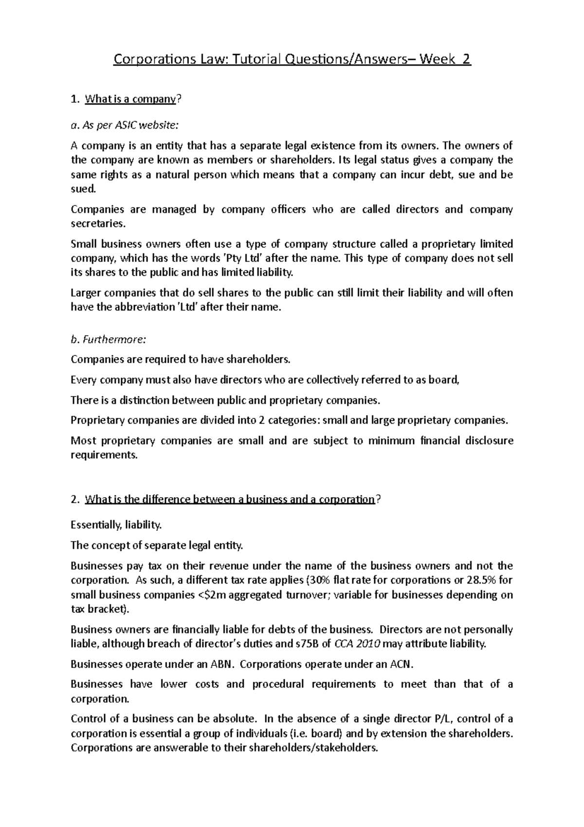 Corporation Law Tutorial Classes - Week 2 - Corporations Law: Tutorial ...