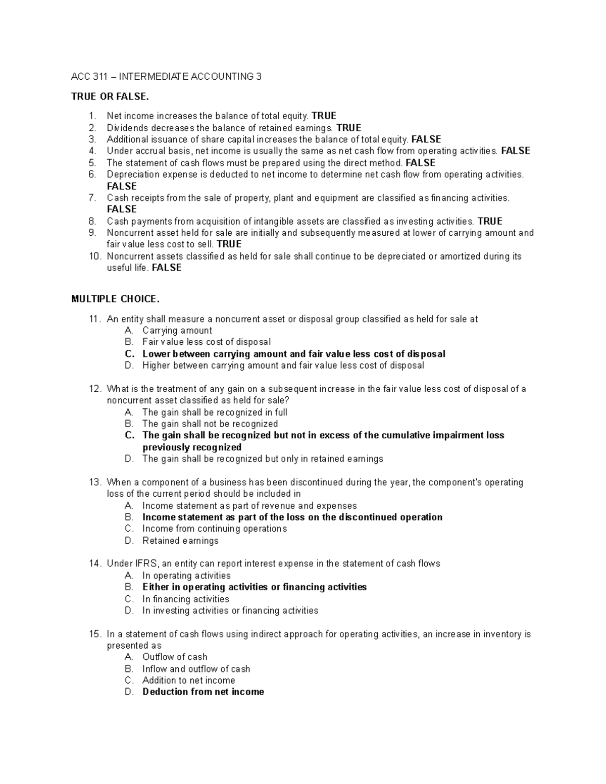 Intermediate Accounting 3 - ACC 311 – INTERMEDIATE ACCOUNTING 3 TRUE OR ...