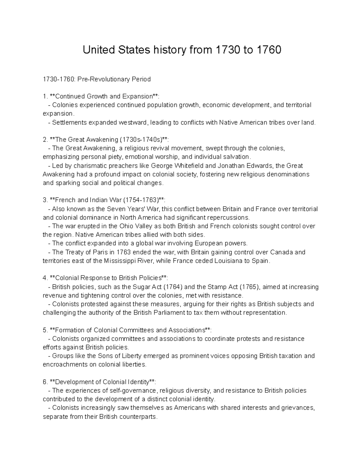 History notes 1730-1760 - United States history from 1730 to 1760 1730 ...