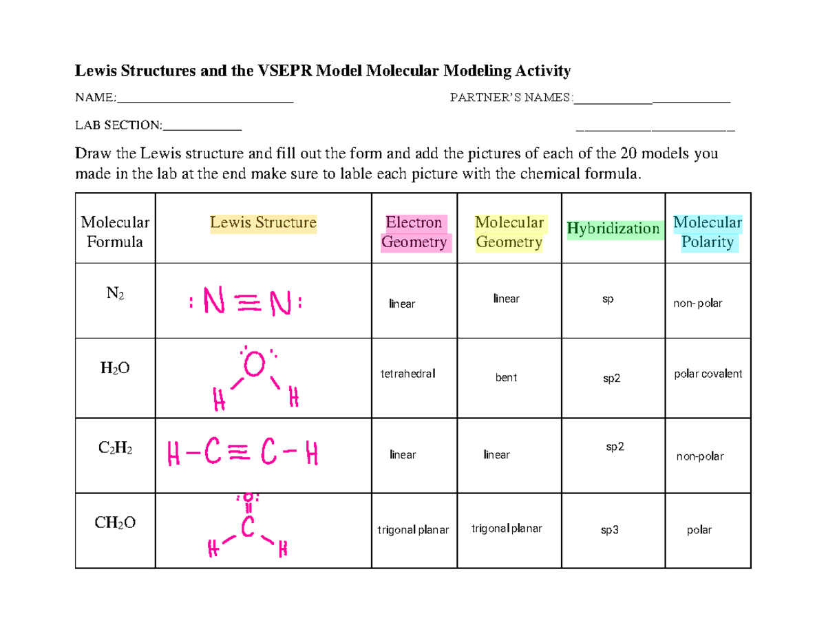 Kami Export - Lab 4, Post-Lab Questions, Vsepr excersises - Lewis ...