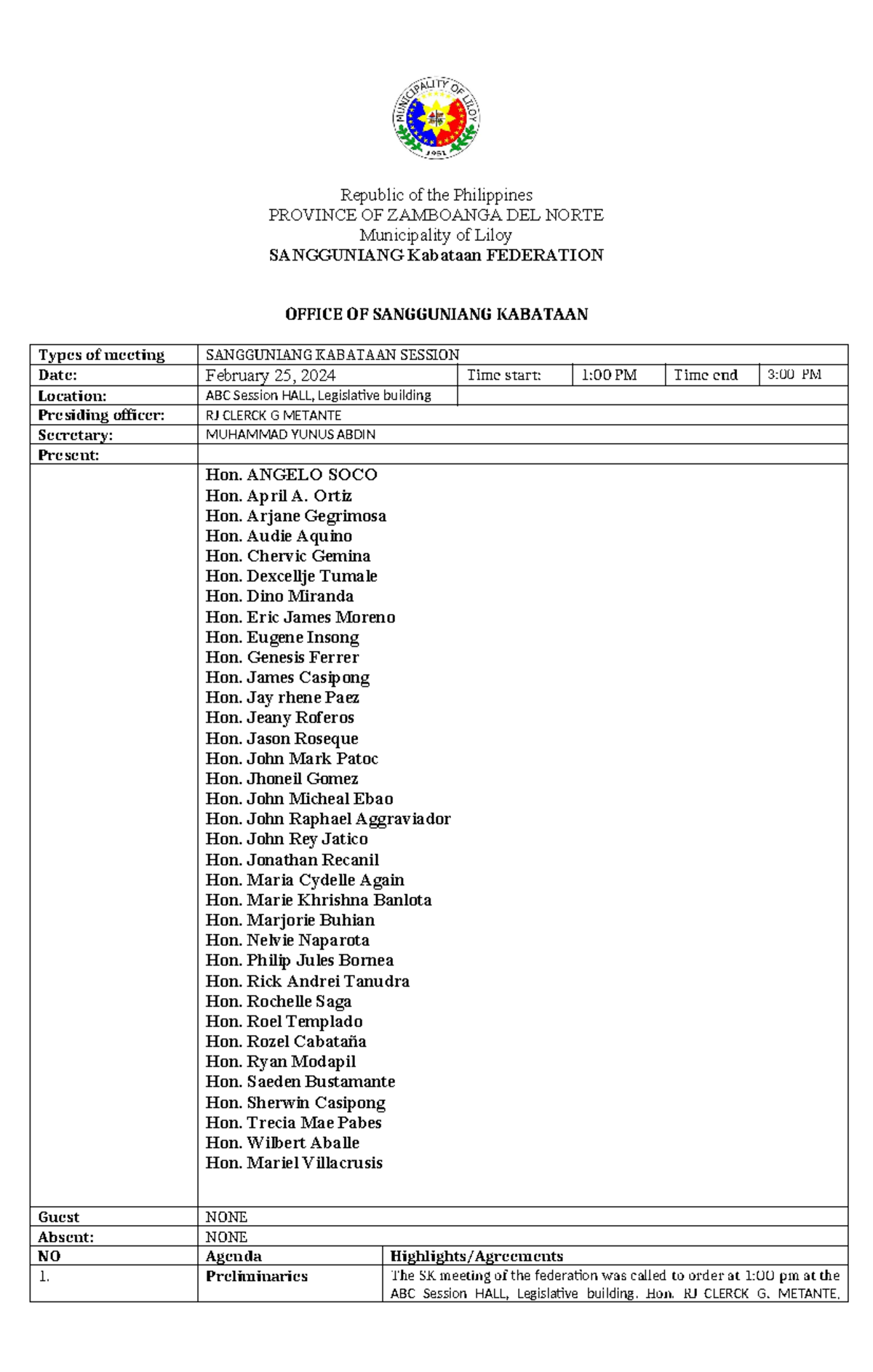 Sangguniang kabataan Minutes sample - Republic of the Philippines ...