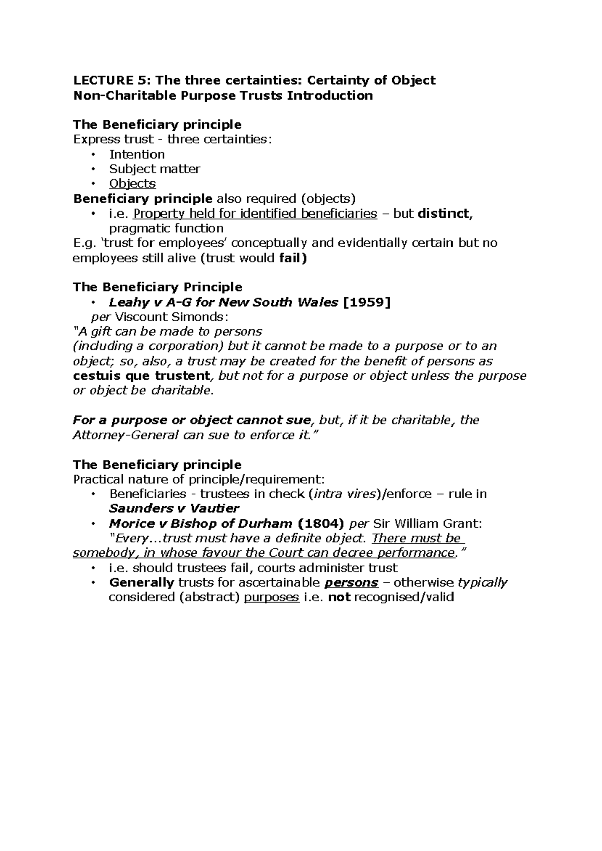 Lecture 5 - LECTURE 5: The three certainties: Certainty of Object Non-Charitable Purpose Trusts ...