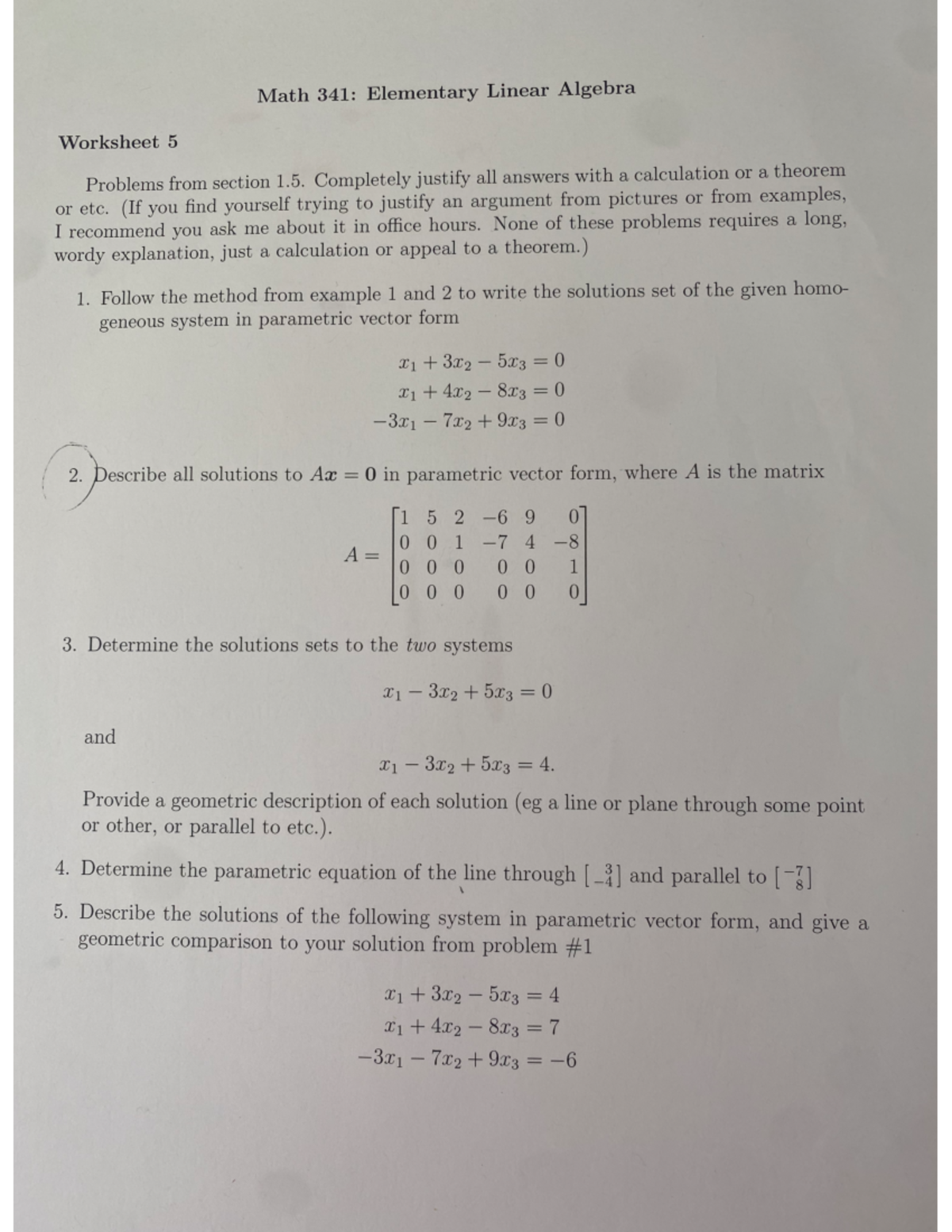 IMG 6524 - Linear Algebra Ch 1 Worksheet 5 - MATH 341 - Studocu