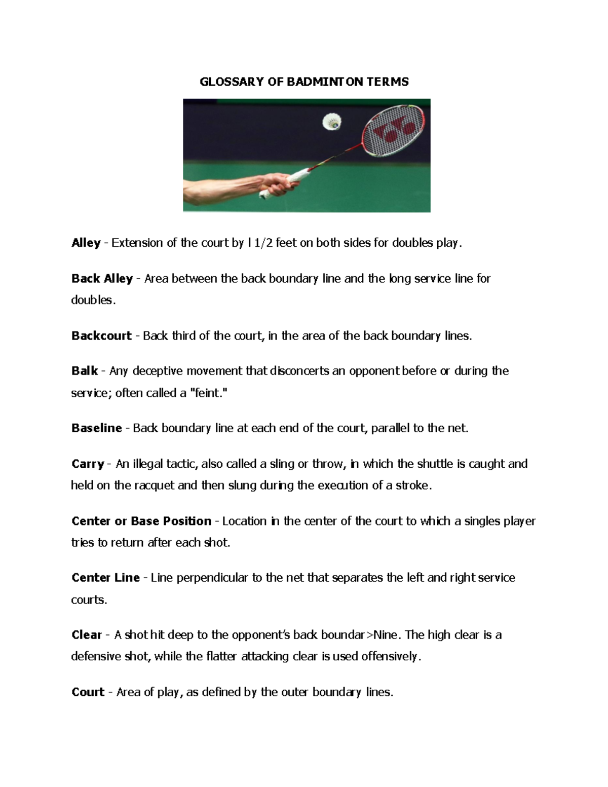 Terminologies and Definition - GLOSSARY OF BADMINTON TERMS Alley ...