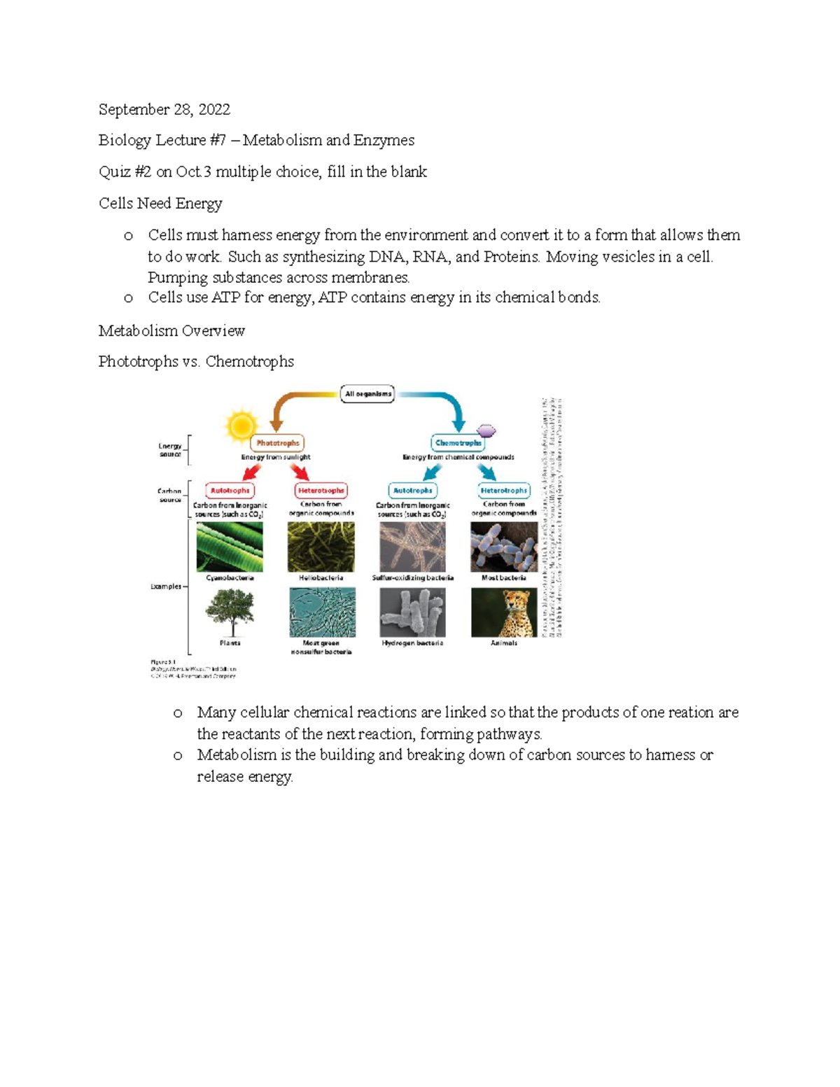 Biology Lecture #7 - September 28, 2022 Biology Lecture #7 – Metabolism ...