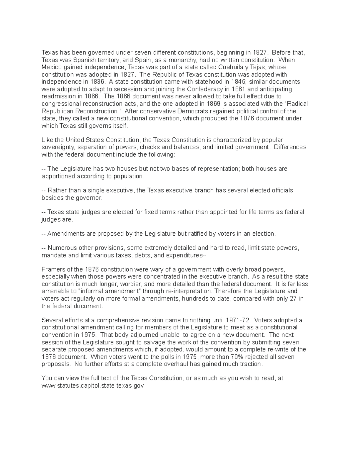 Supplemental notes chapter 2 - Texas has been governed under seven ...