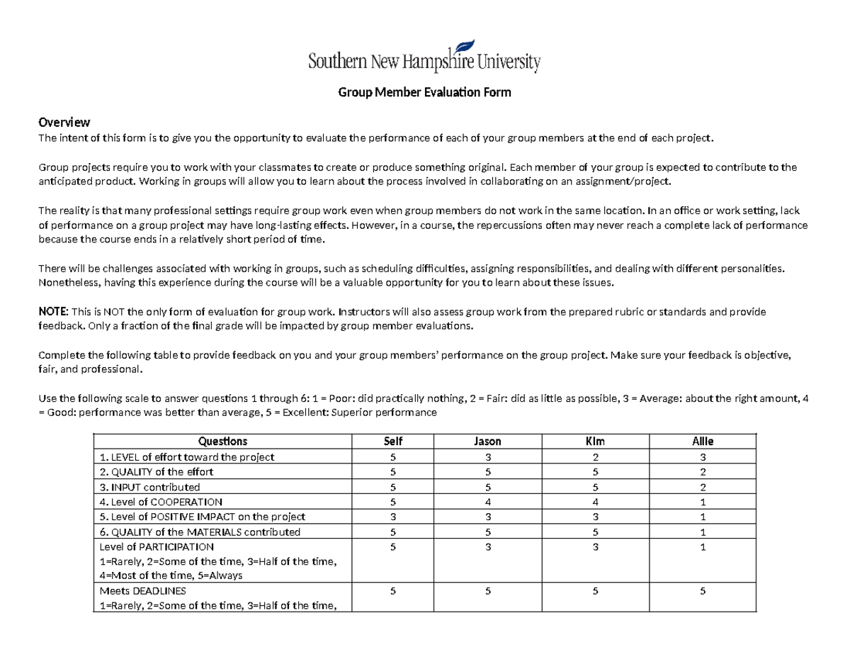 Group Member Evaluation Form - Group Member Evaluation Form Overview ...