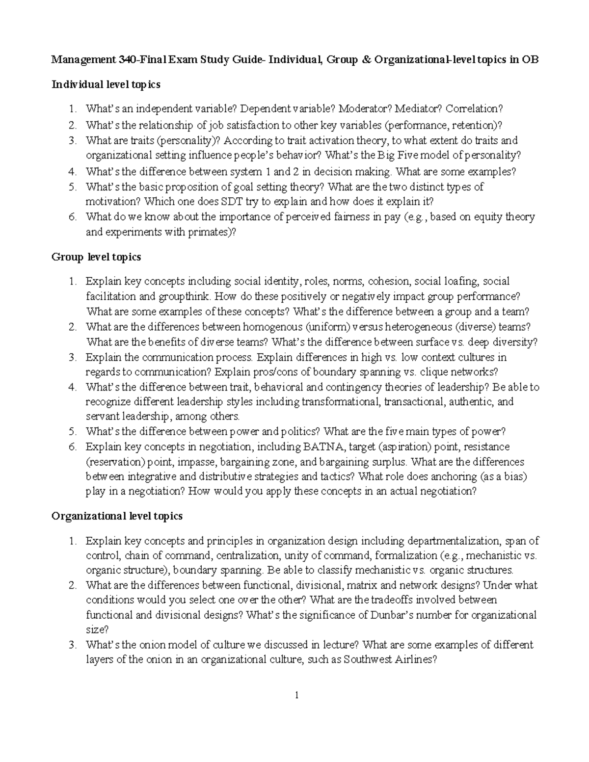 MGMT 340 Exam 3 study guide - Management 340-Final Exam Study Guide ...