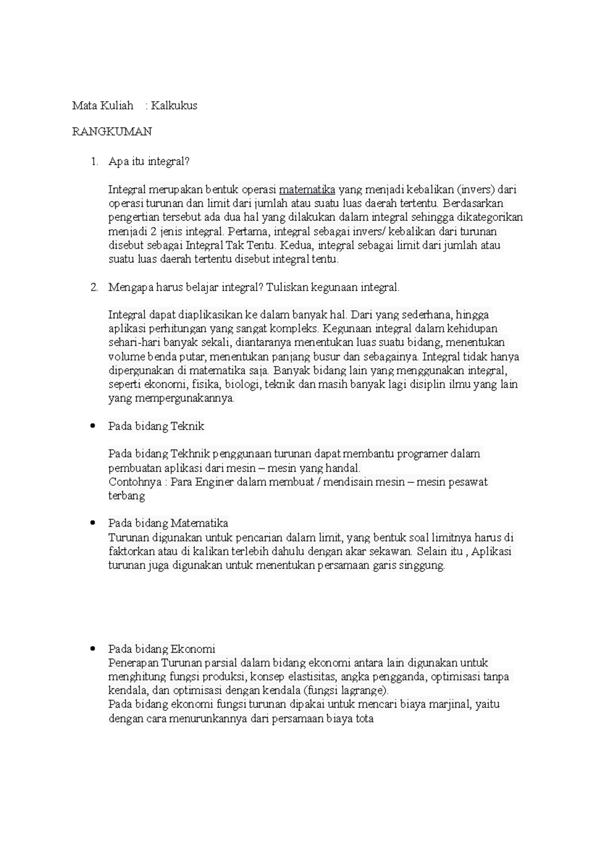 Rangkuman Kalkulus Integral - Mata Kuliah : Kalkukus RANGKUMAN Apa itu ...
