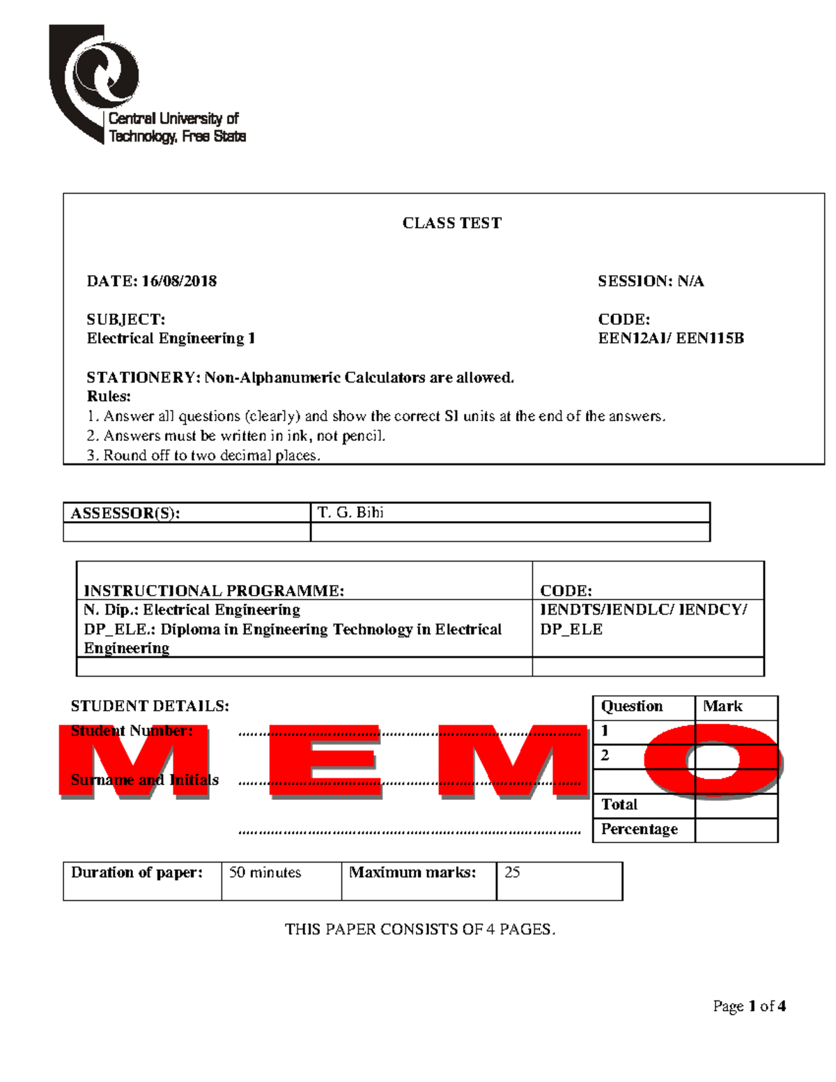Class Test 1 - Memo 2018 S2 - CLASS TEST DATE: 16/08/2018 SESSION: N/A ...