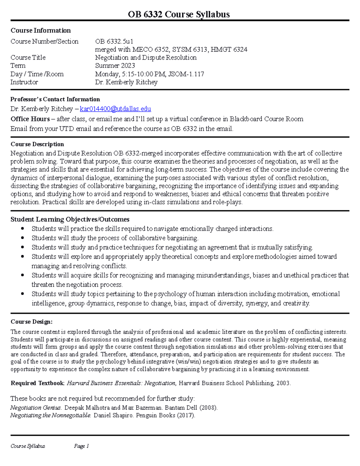 0-OB 6332 Sum23 syllabus - OB 6332 Course Syllabus Course Information ...