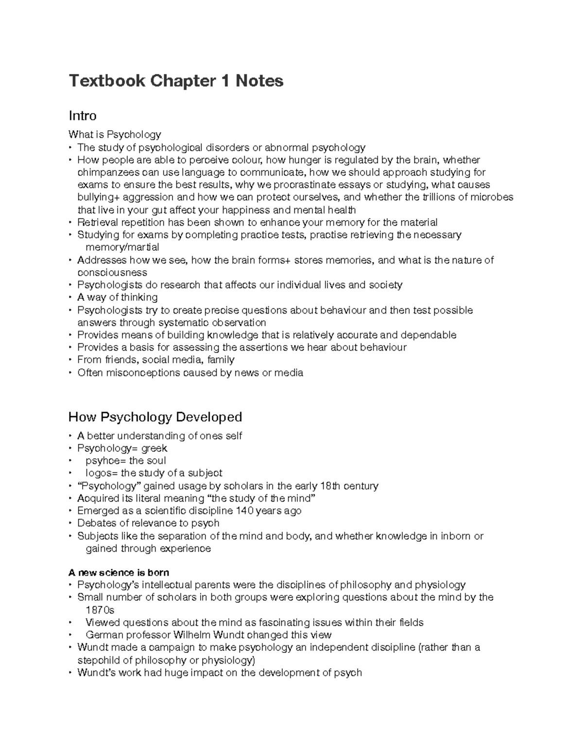 PSYC1001 Textbook Chapter 1 Notes - Textbook Chapter 1 Notes Intro What ...