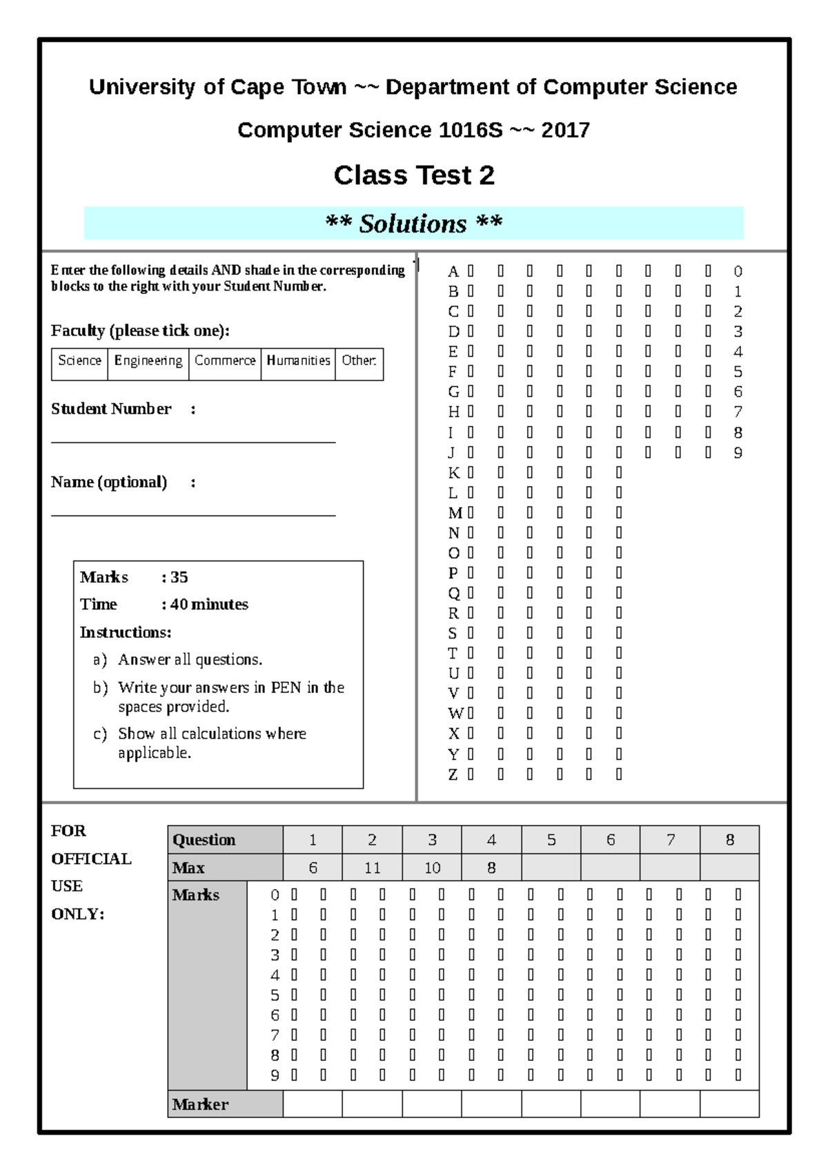 CSC1016S TEST2 Memo - N/A - 1 University of Cape Town ~~ Department of ...