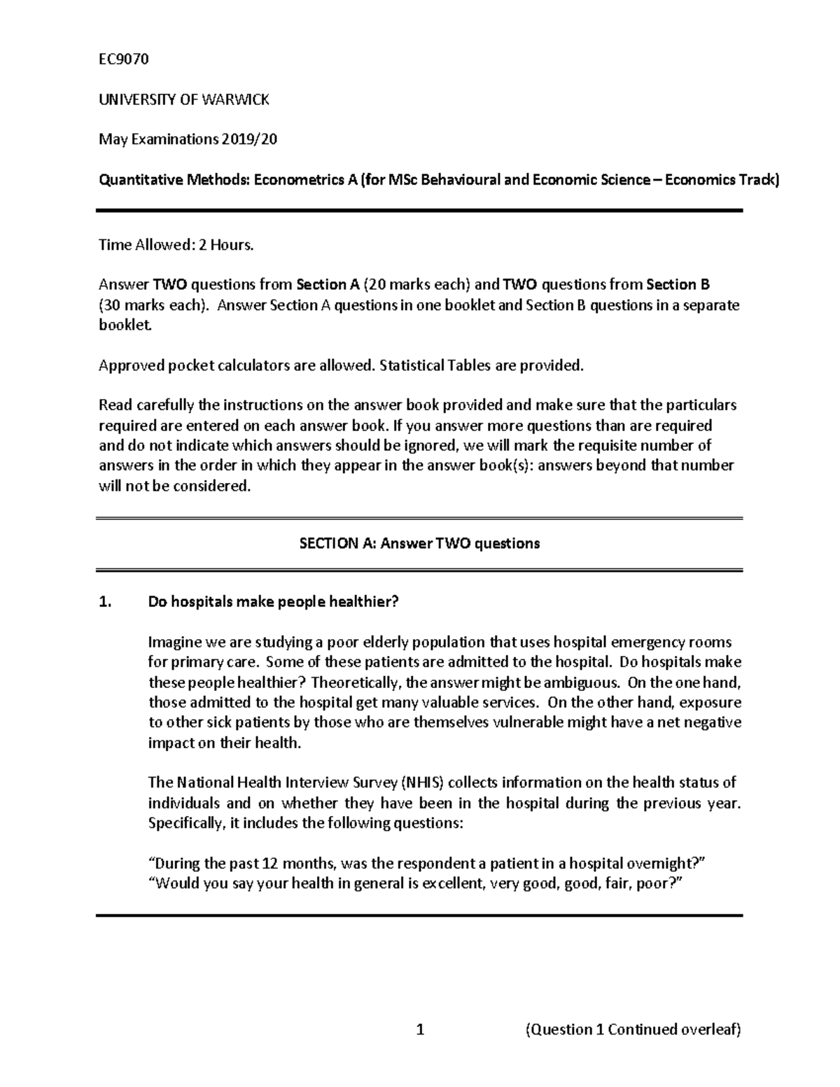 EC907 Quantitative Methods: Econometrics A: Practice Paper - UNIVERSITY ...