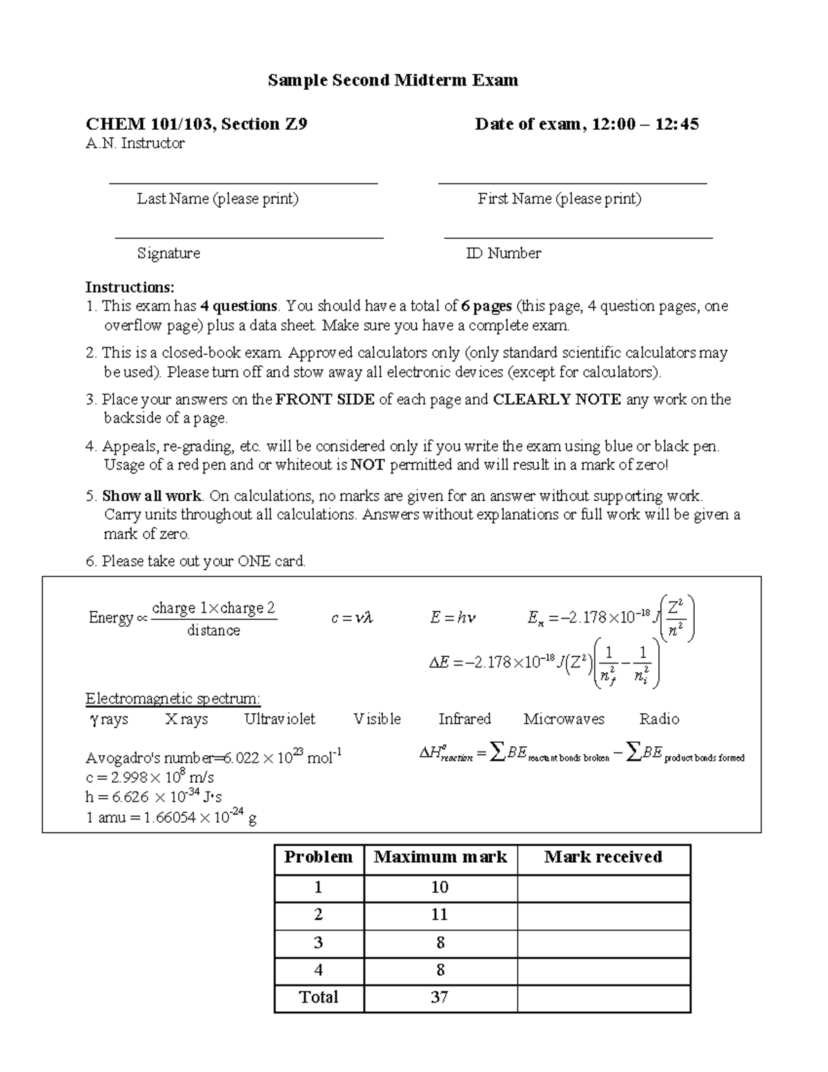 Midterm 2018, questions - Sample Second Midterm Exam CHEM 101/103 ...