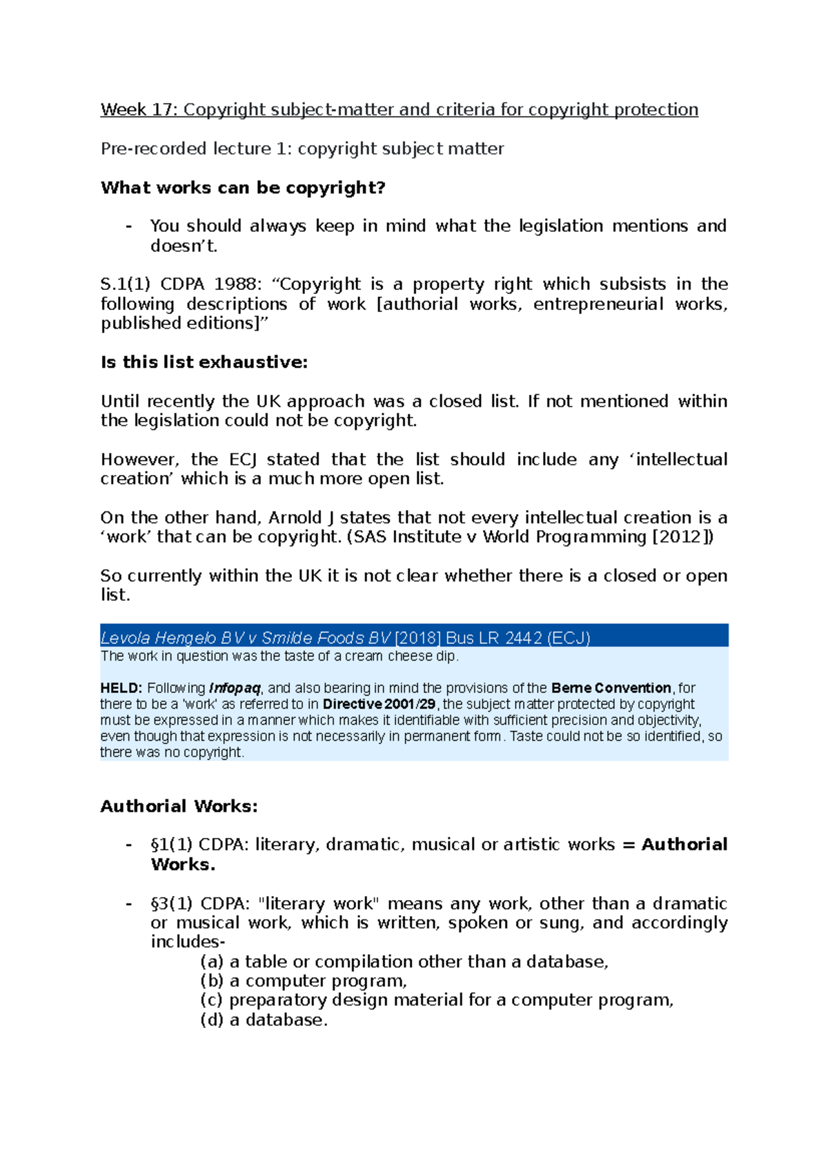 (Week 17) subject-matter and criteria for copyright protection - Week ...