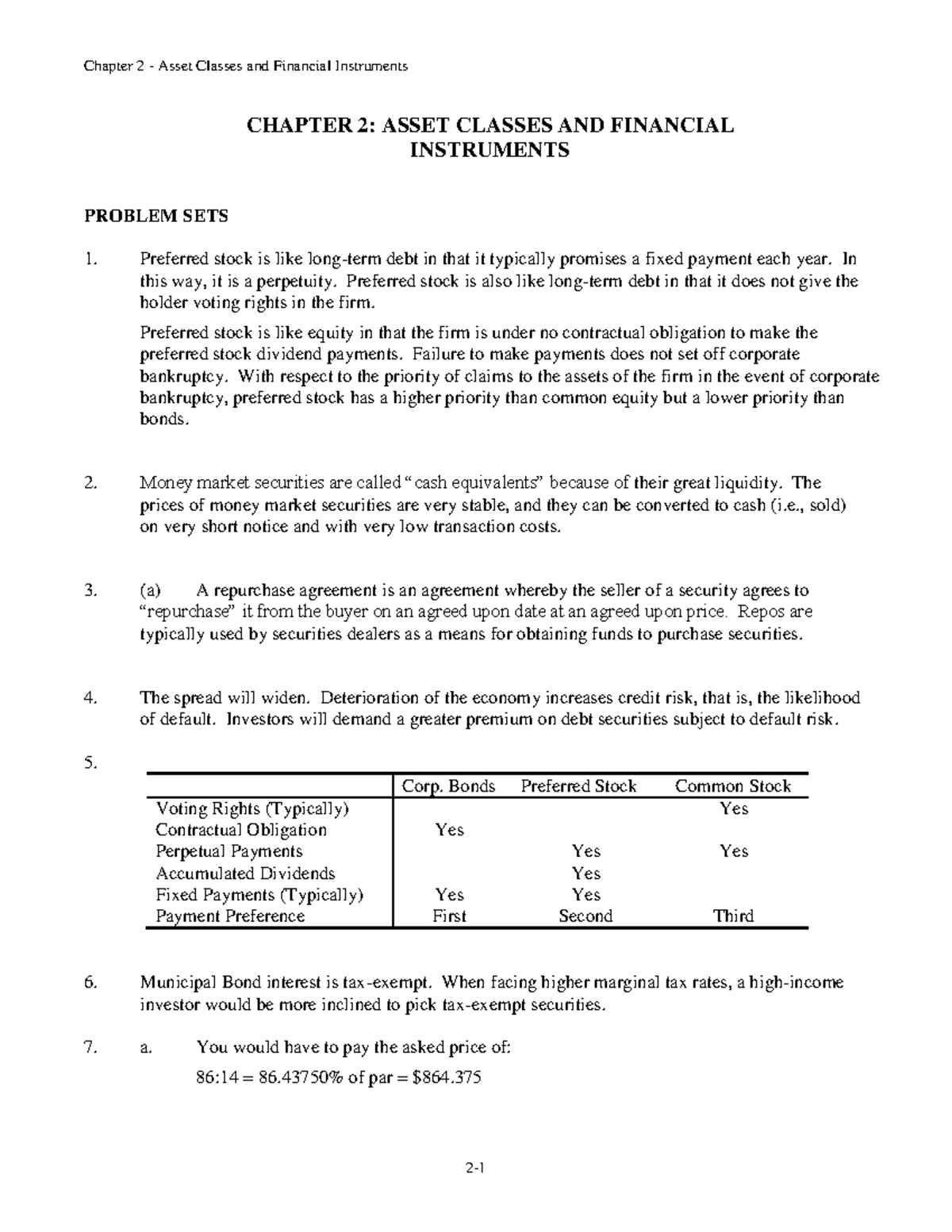 Ch02 Key answers - CHAPTER 2: ASSET CLASSES AND FINANCIAL INSTRUMENTS ...