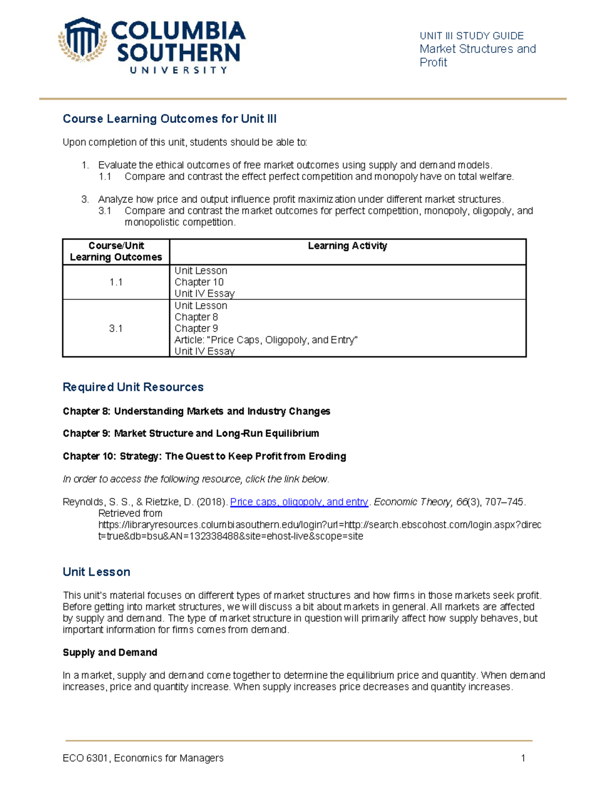 Eco 6301 Study Guide unit 3 - Course Learning Outcomes for Unit III ...